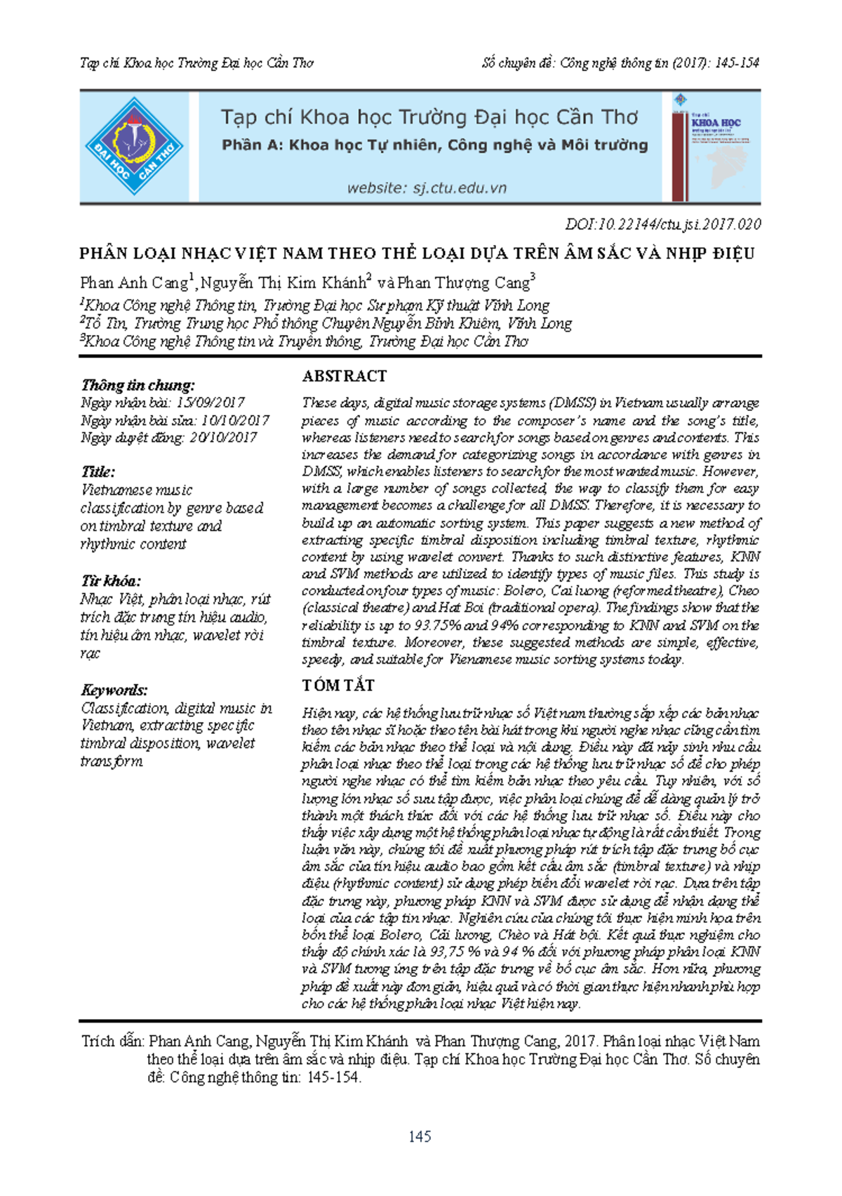 20-PHAN ANH CANG(145-154)020 - DOI:10.22144/ctu.jsi. PHÂN LOẠI NHẠC VIỆT NAM THEO THỂ LOẠI DỰA ...