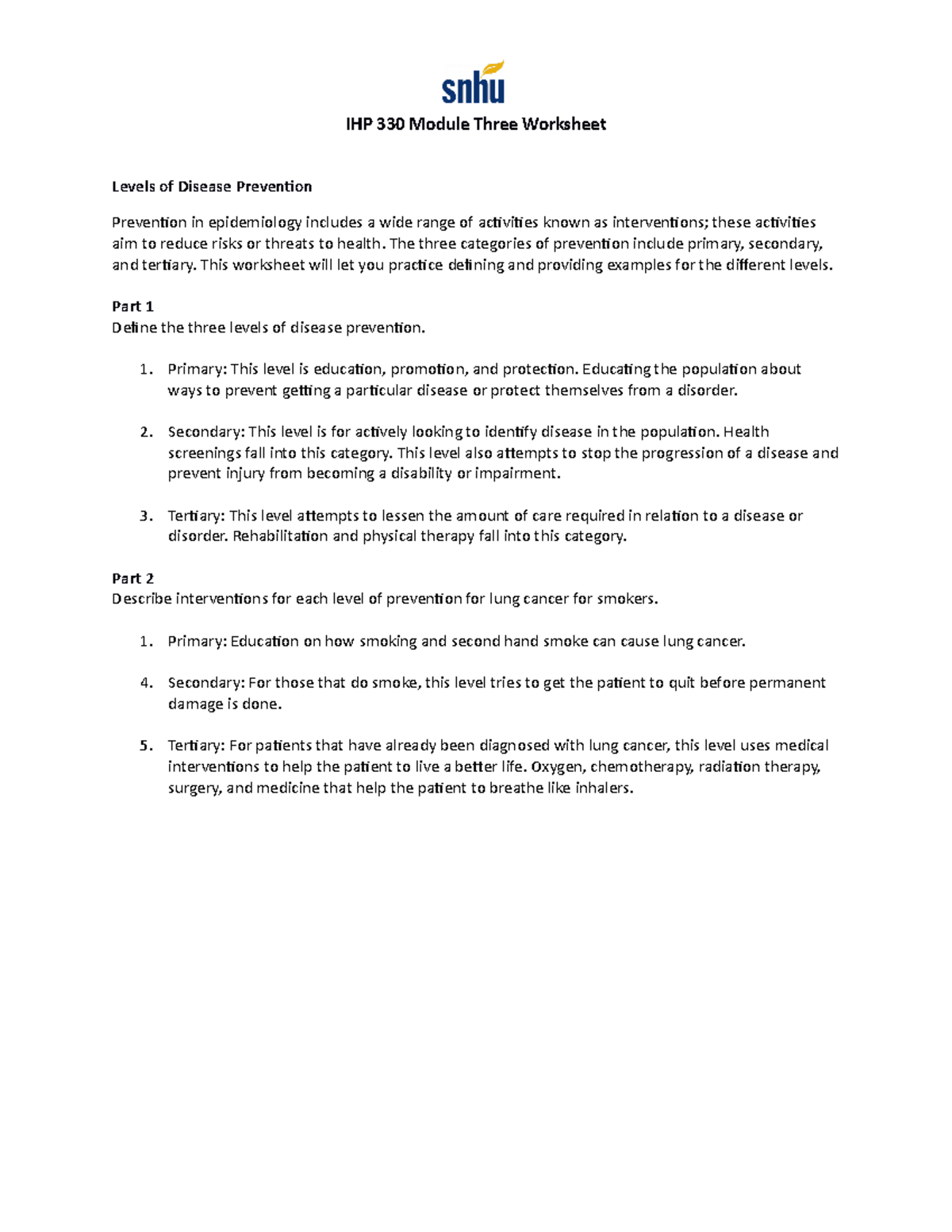 IHP 330 Module Three Worksheet - IHP 330 Module Three Worksheet Levels ...