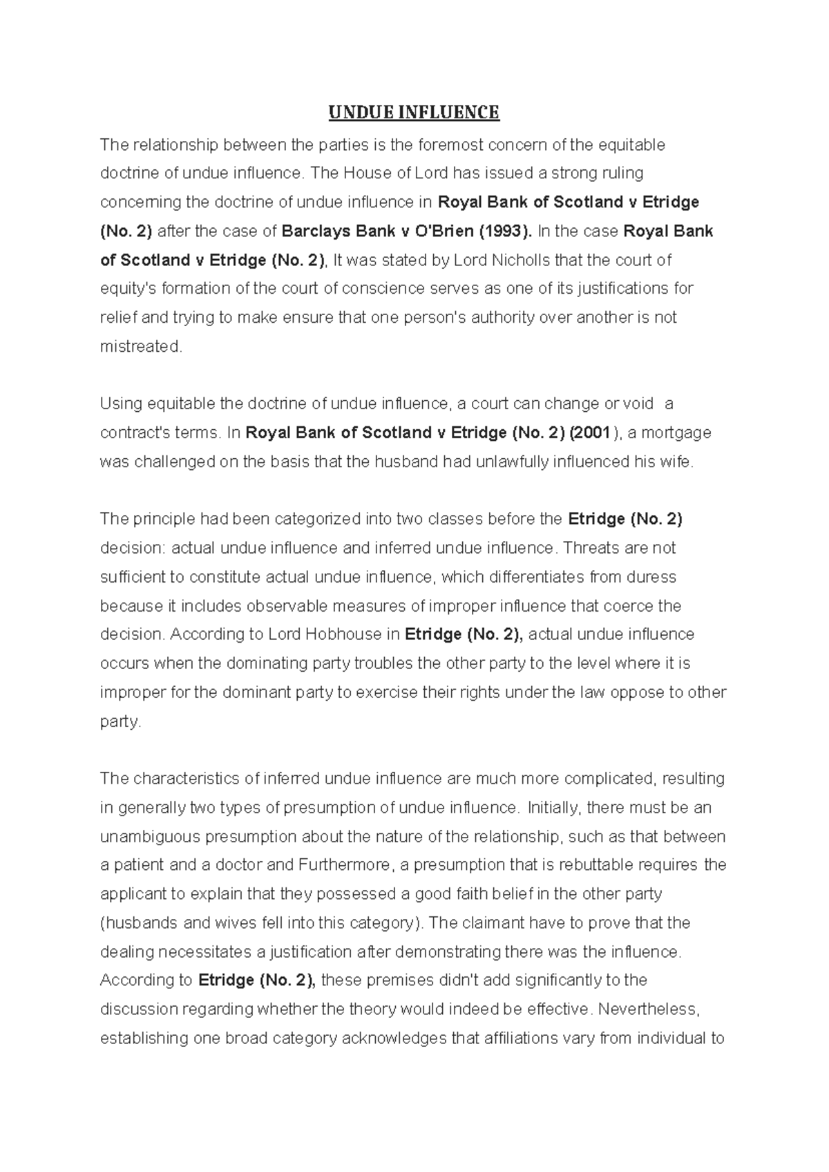 Undue Influence - essay - UNDUE INFLUENCE The relationship between the ...