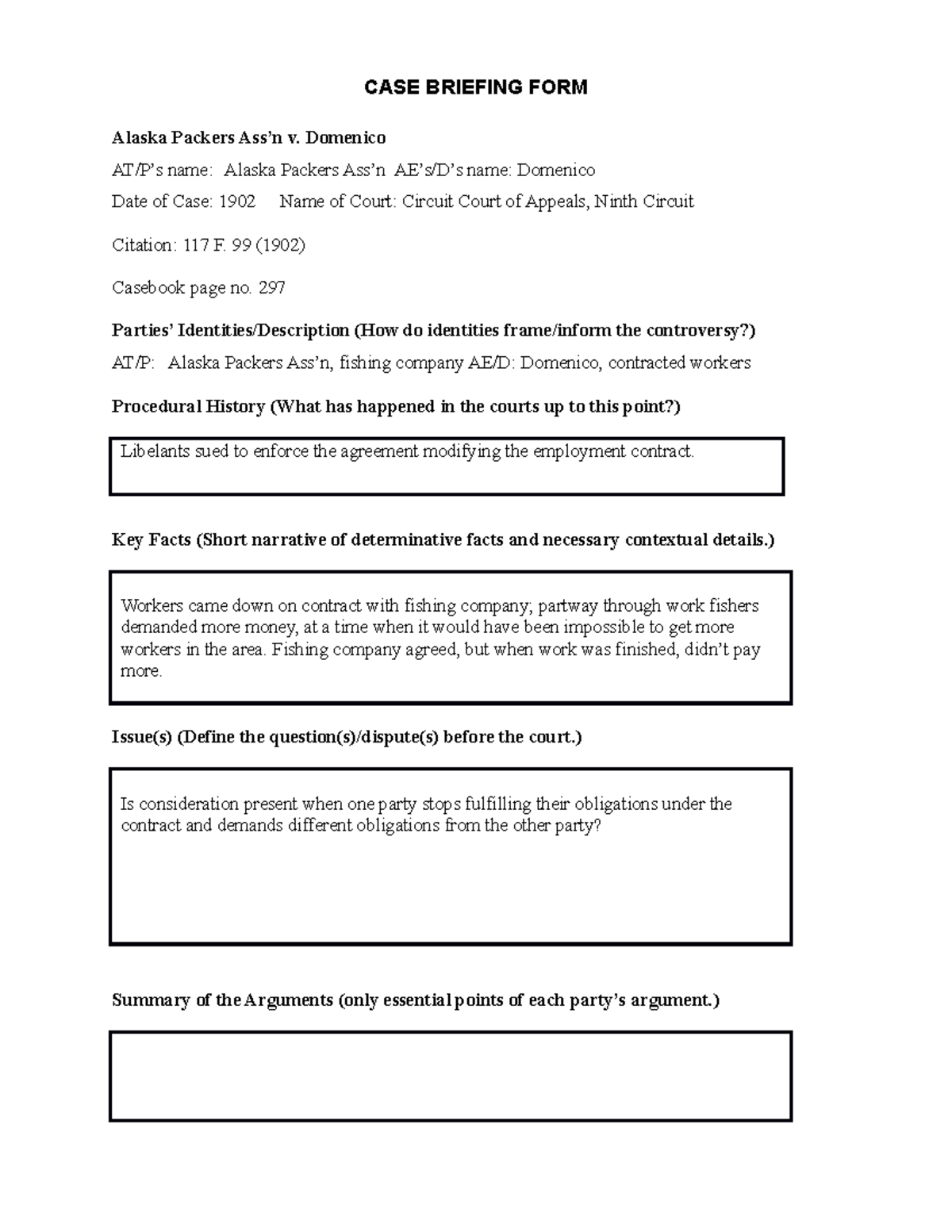 Alaska Packers Assn v. Domenico - CASE BRIEFING FORM Alaska Packers Ass ...