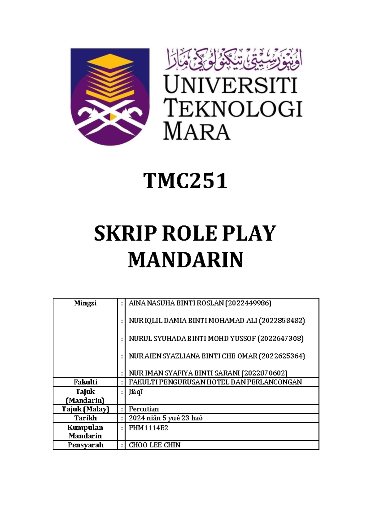 TMC251 Script Role Play Mandarin (3) PDF - TMC SKRIP ROLE PLAY MANDARIN Mingzi : AINA NASUHA ...