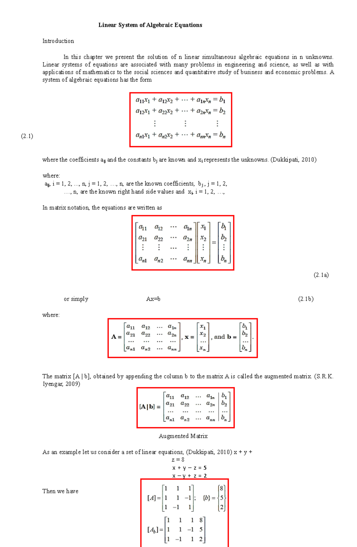 Linear System of Algebraic Equations - Linear System of Algebraic ...