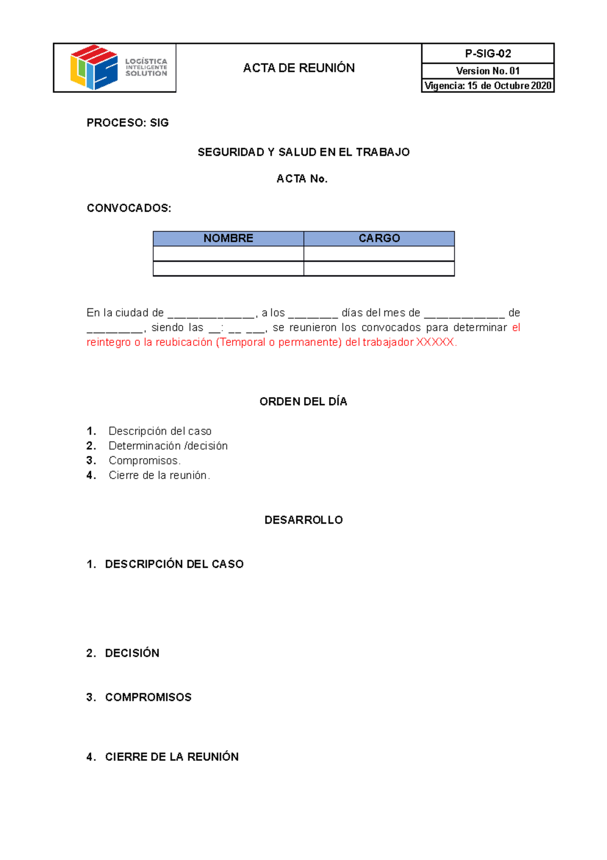 ACTA DE Reunión - Reintegro O Reubicación - ACTA DE REUNIÓN P-SIG- Vigencia: 15 de Octubre - Studocu