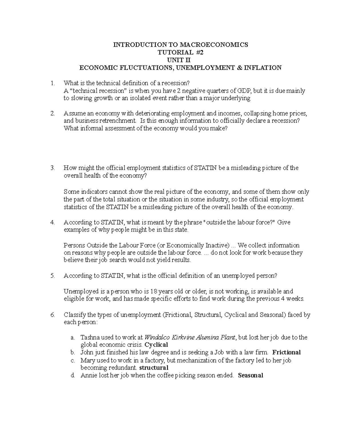 Tutorial 2macro Introduction To Macroeconomics Introduction To Macroeconomics Tutorial