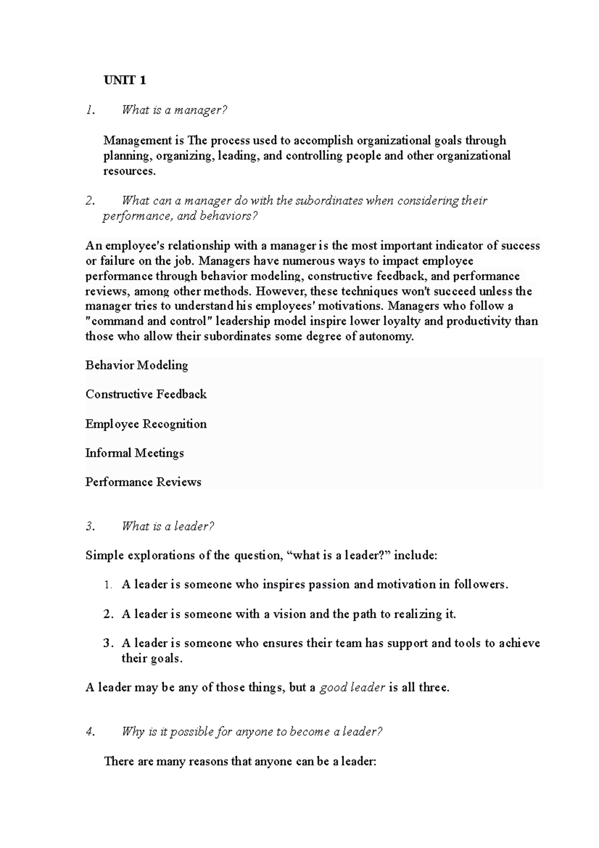 ESP111 U1-U2 - review unit 1,2 - UNIT 1 What is a manager? Management is The process used to ...