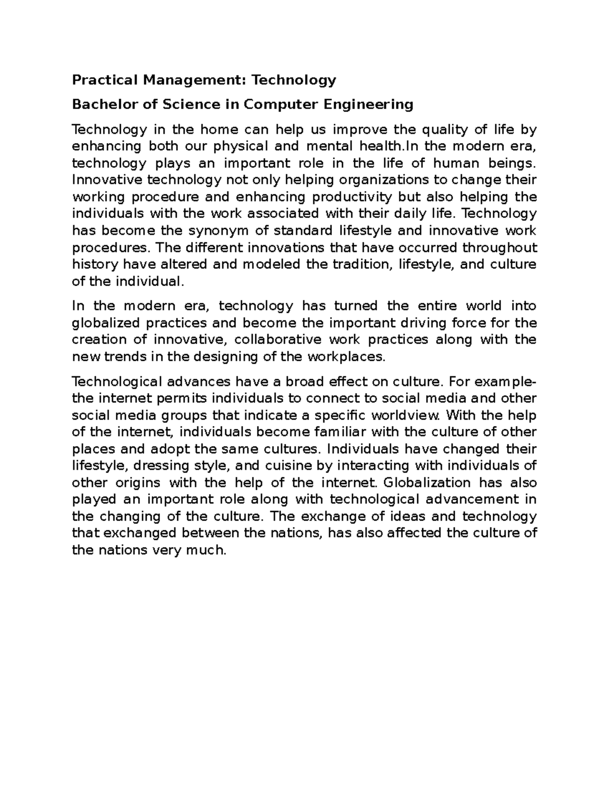 Engineering Management 2 - Practical Management: Technology Bachelor of ...