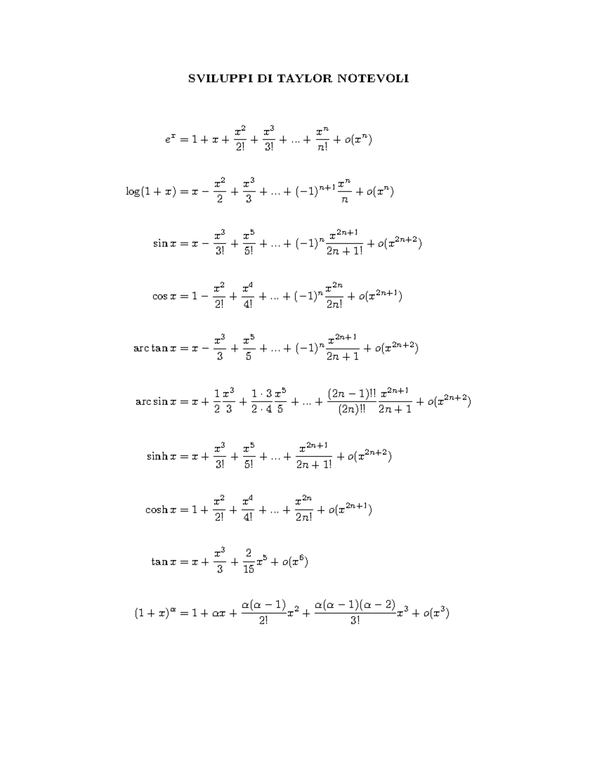 Sviluppi di Taylor (da portare allesame) - SVILUPPI DI TAYLOR NOTEVOLI ...