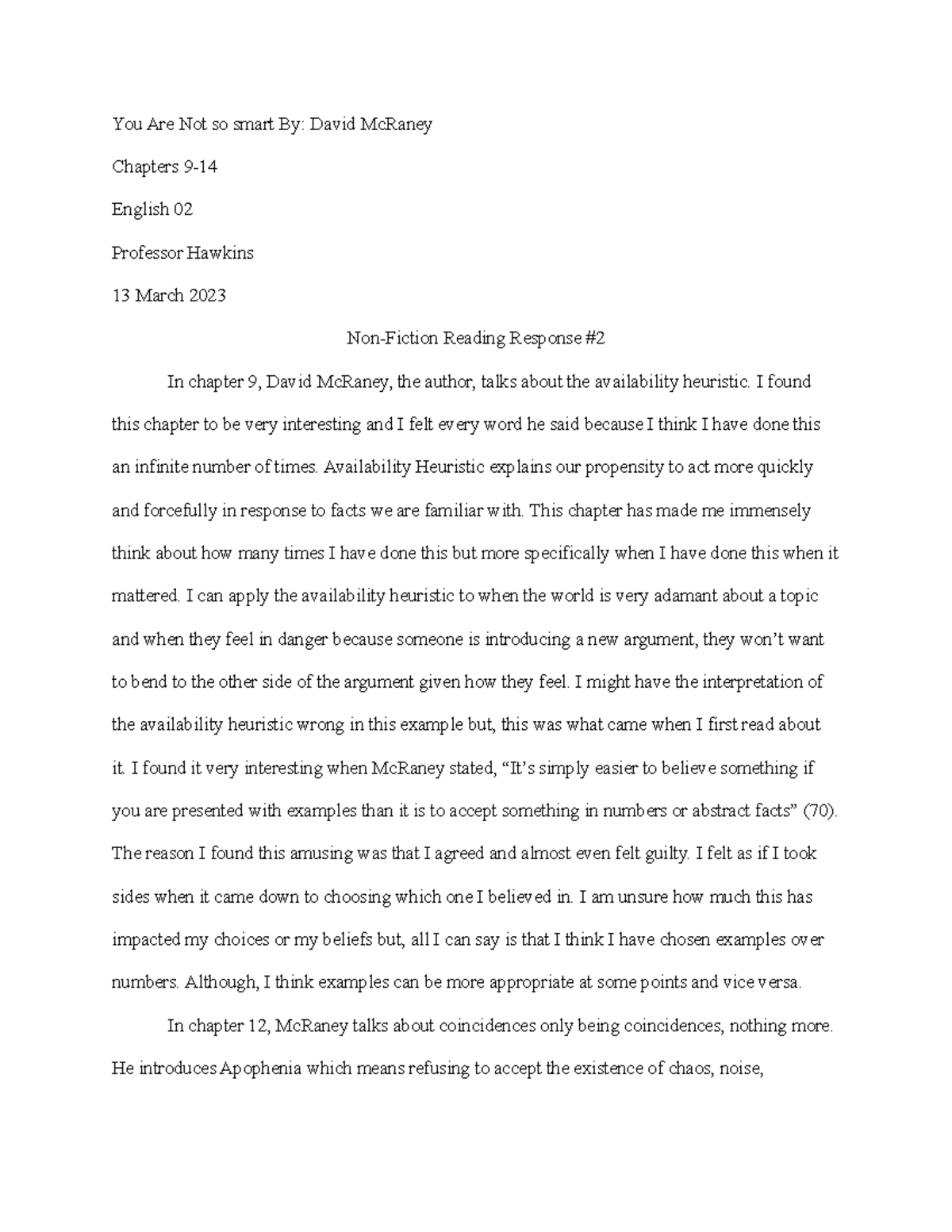 Non Fiction Reading Response #2 - You Are Not so smart By: David ...