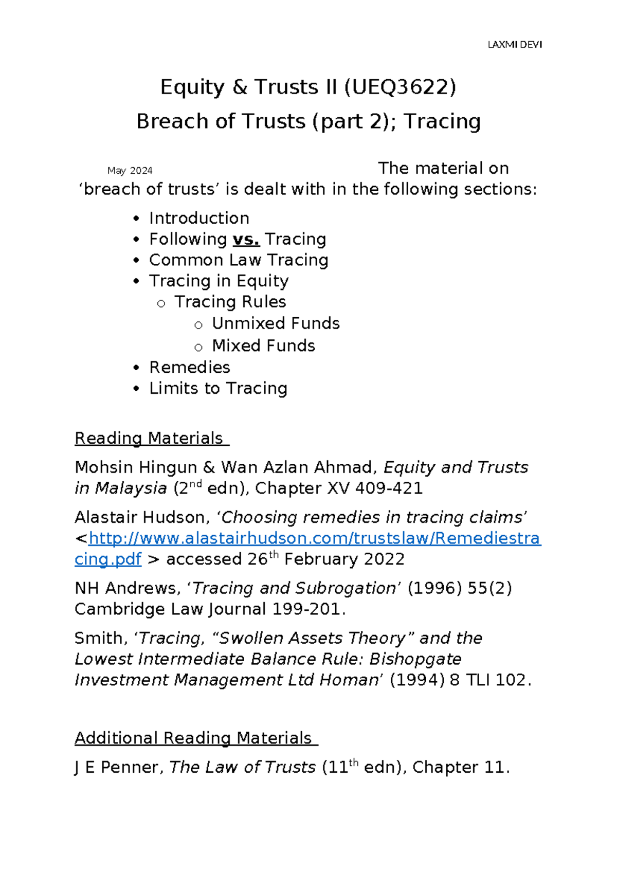 Bo T Prt 2 Handout - Equity & Trusts II (UEQ3622) Breach of Trusts ...
