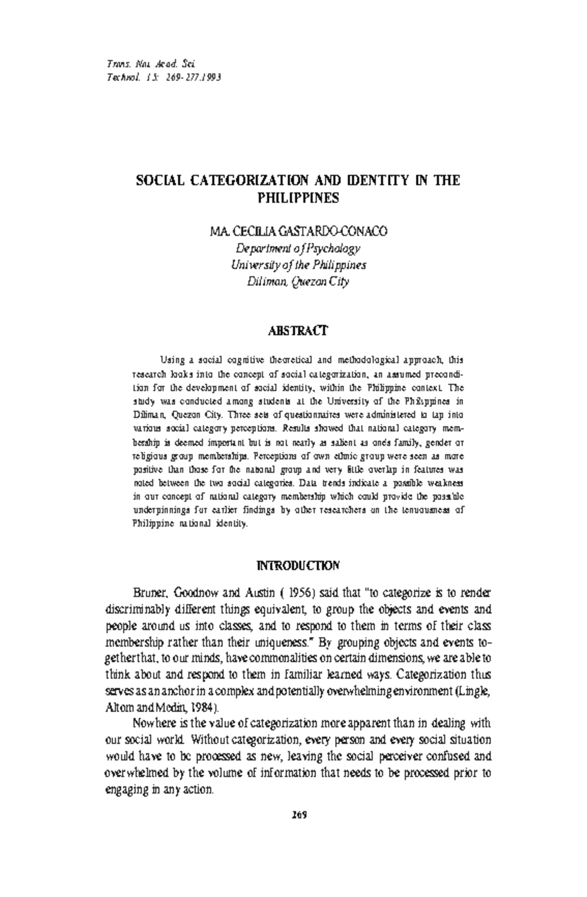 Social Categorization and Identity in the Philippines Ma. Cecilia ...