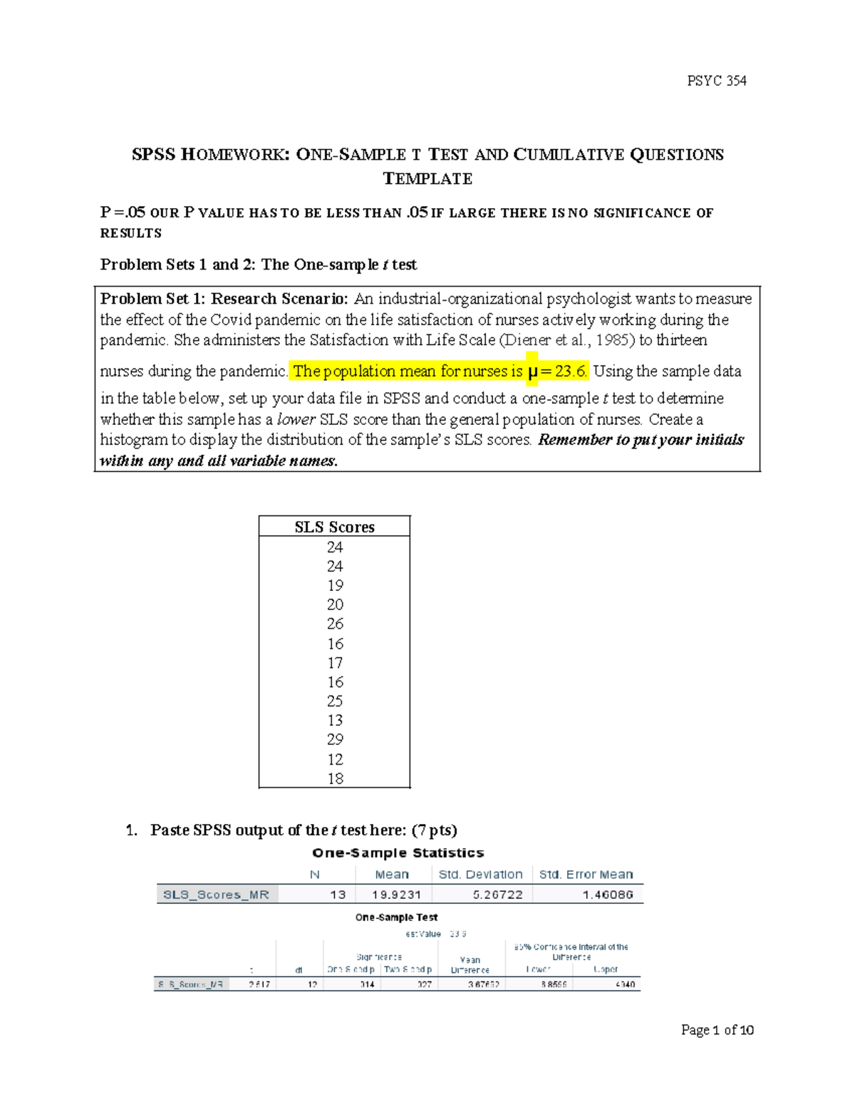 SPSS Homework One Sample t Test and Cumulative Questions Template ...