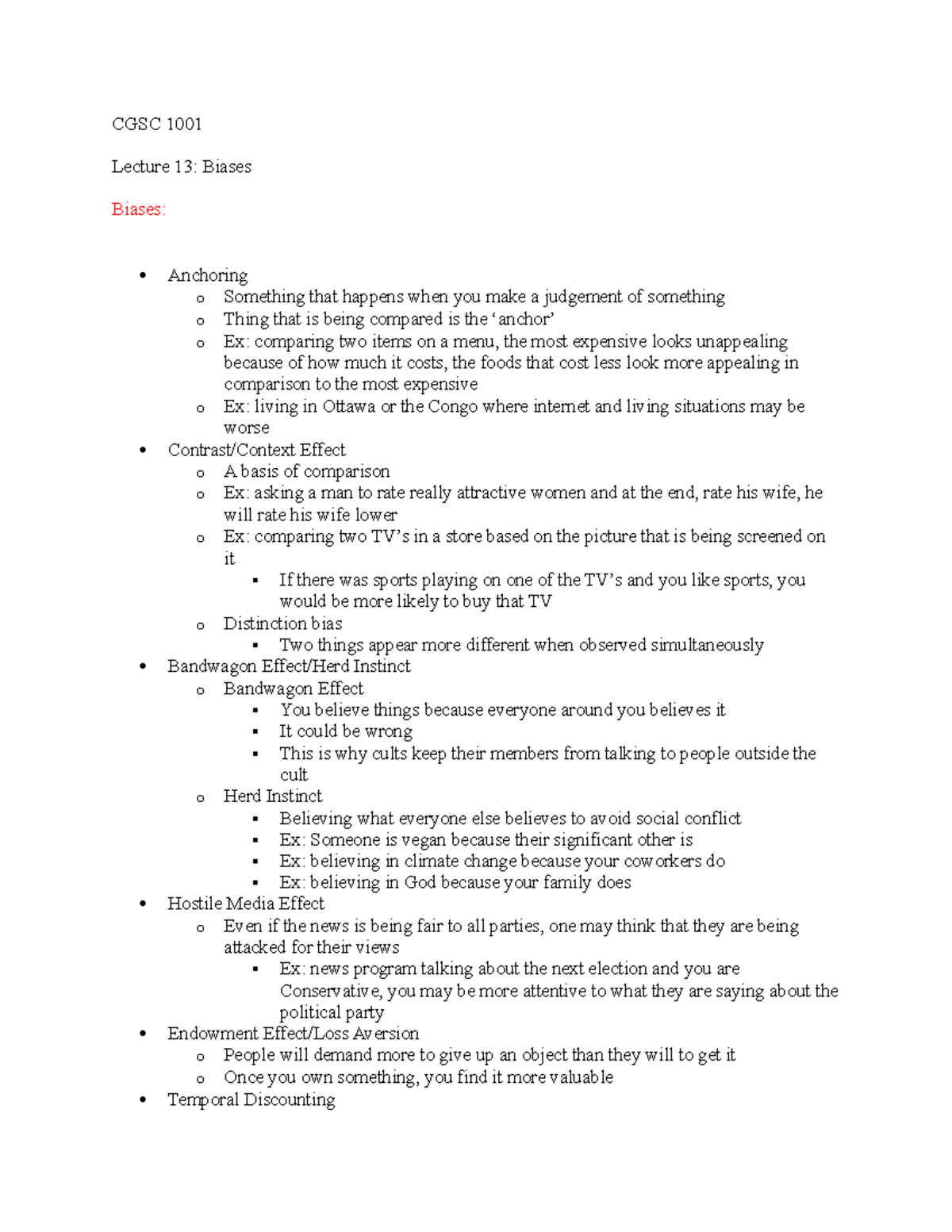 CGSC 1001 Lecture 13 Notes - CGSC 1001 Lecture 13: Biases Biases ...
