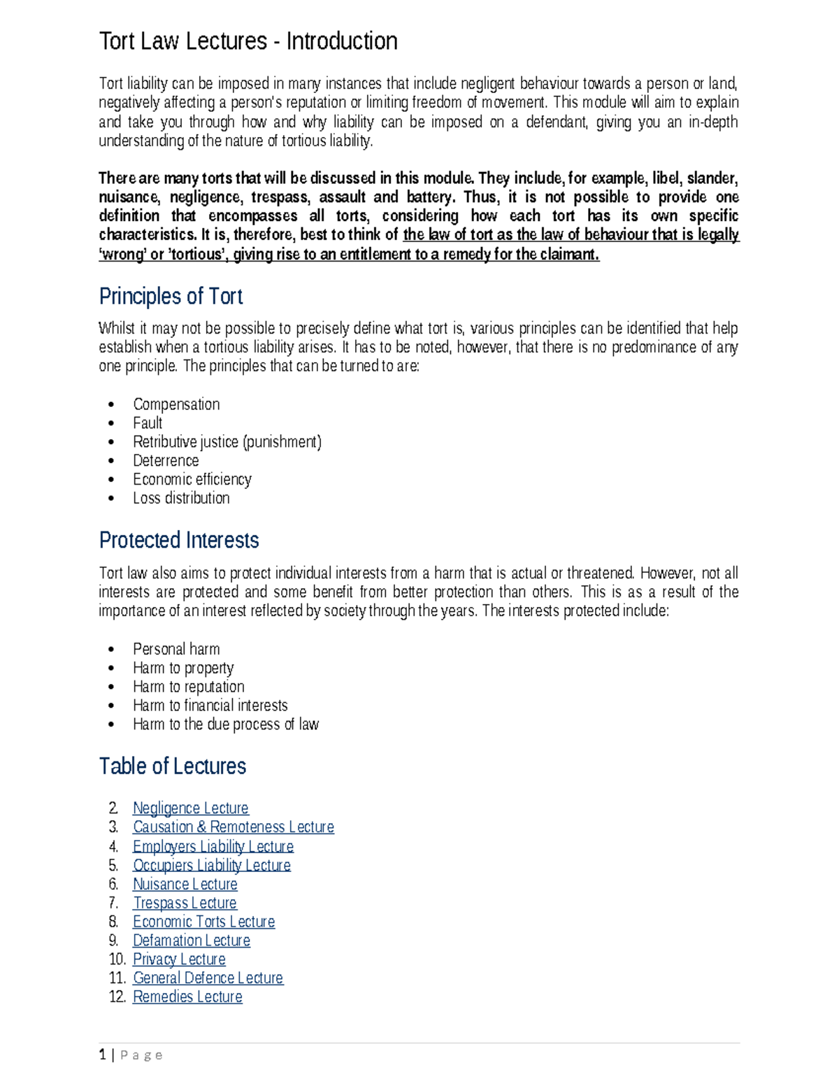 Tort Law Lectures - LECTURE NOTES - Tort Law Lectures - Introduction ...