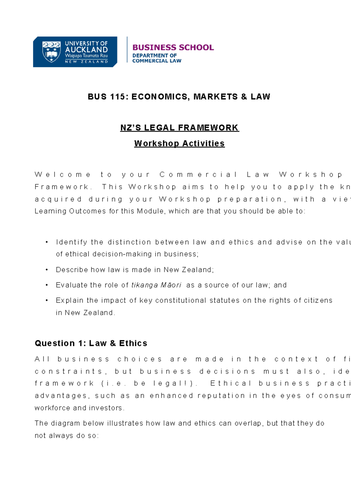 Legal Framework Workshop Activities - BUS 115: ECONOMICS, MARKETS & LAW ...