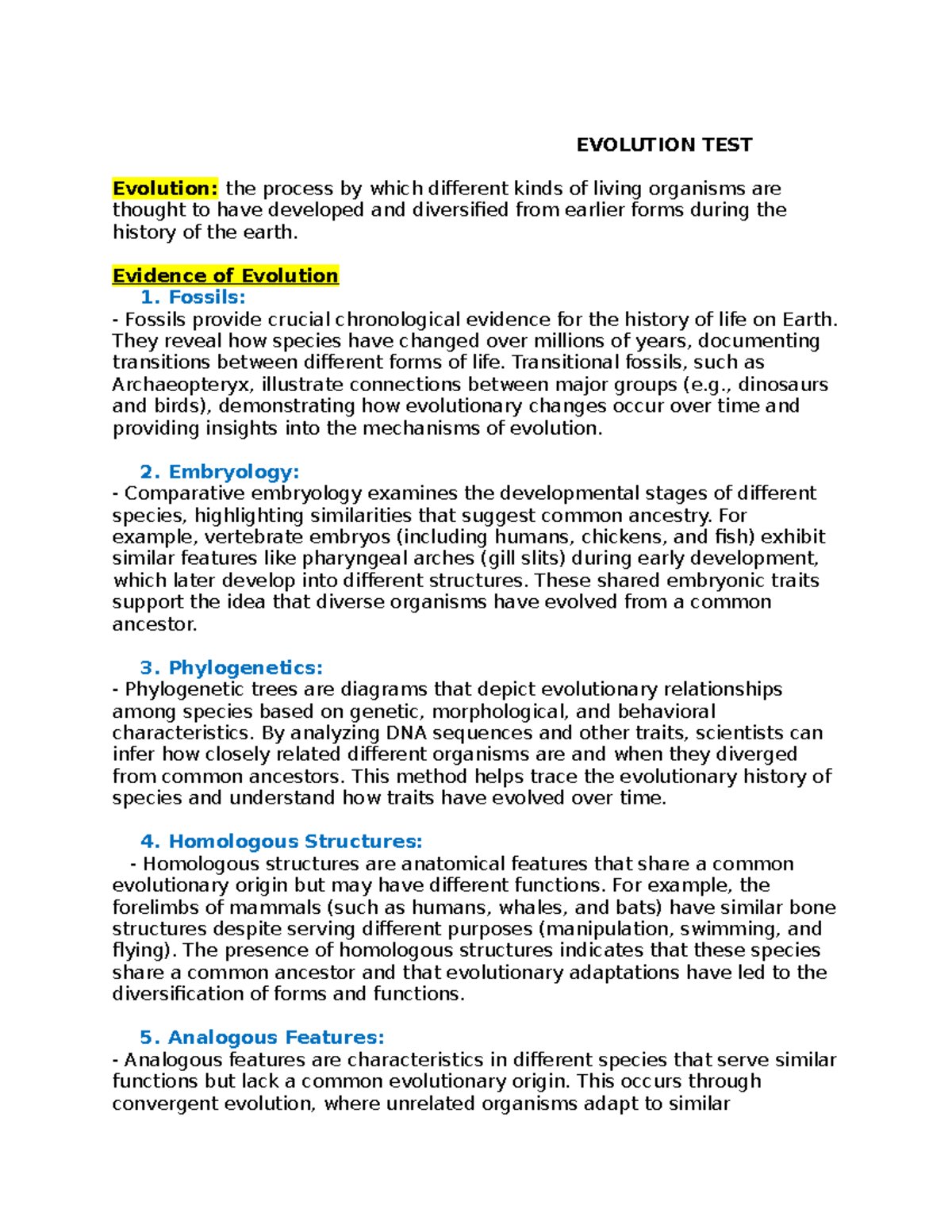 Evolution TEST - unit 2 - notes - EVOLUTION TEST Evolution: the process ...