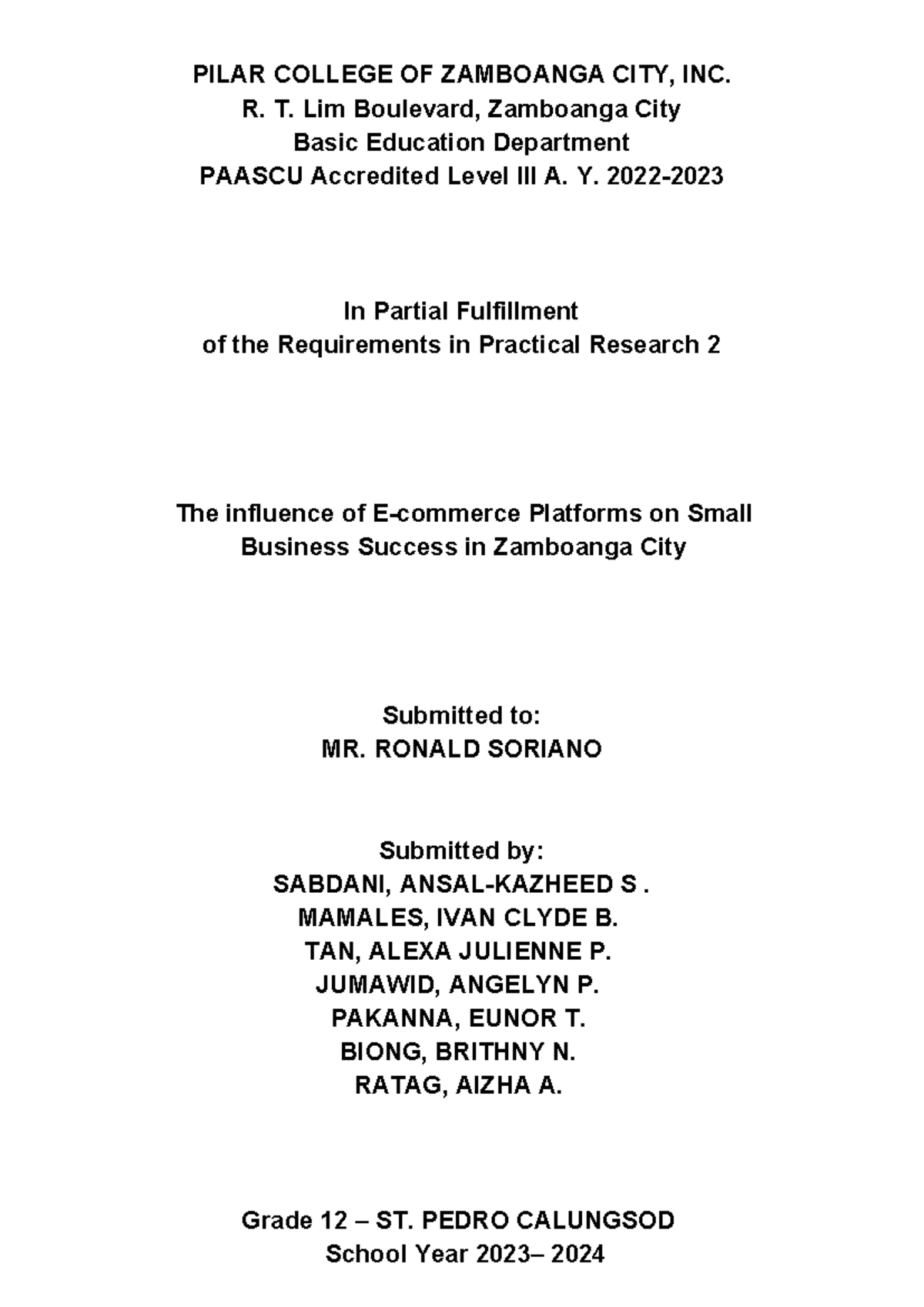 Group-2 Chapter 1 - PILAR COLLEGE OF ZAMBOANGA CITY, INC. R. T. Lim ...