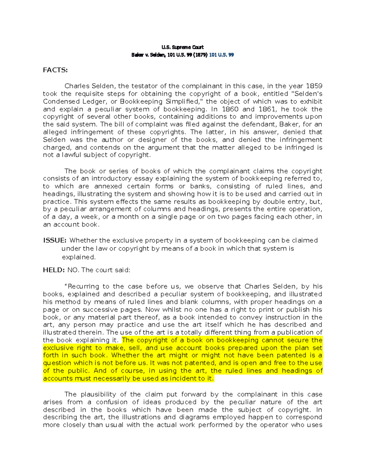 379610393 IPL Copyright Case Digest Baker vs Selden - U. Supreme Court ...