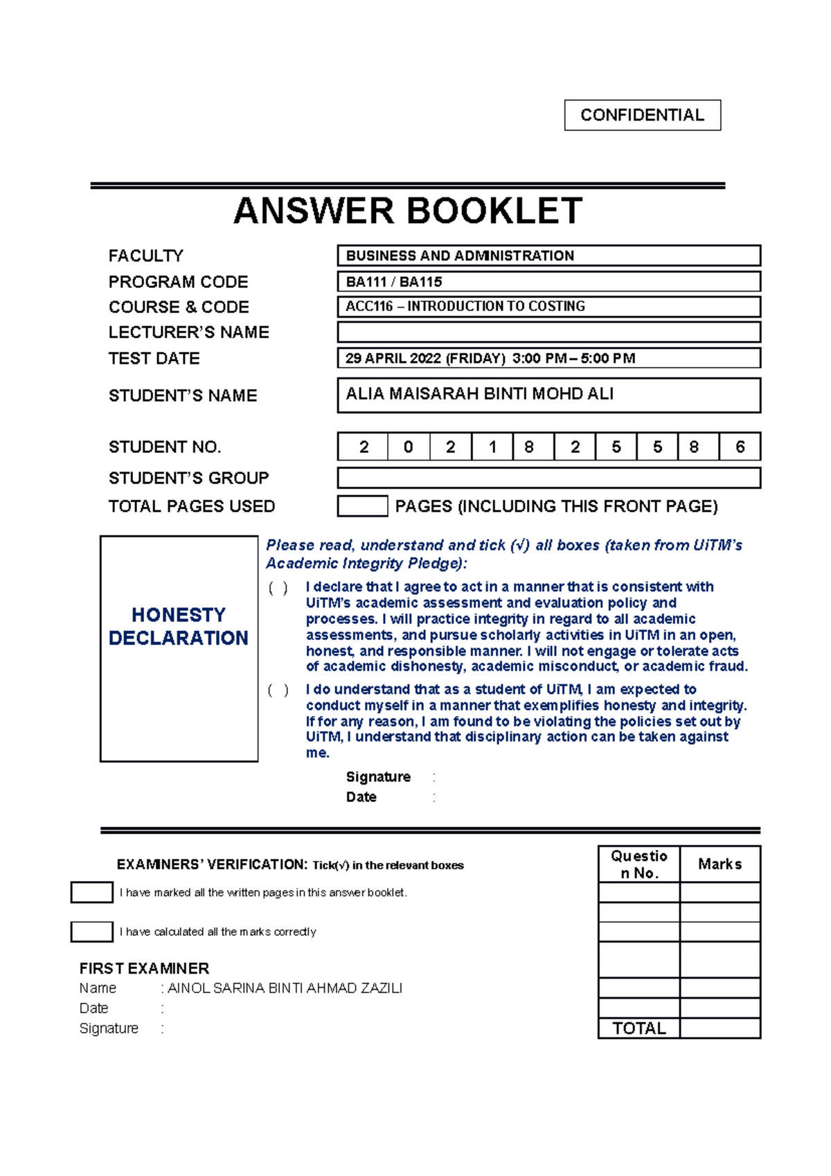 ACC116 TEST 1 Frontpage Answer Sheet - ANSWER BOOKLET FACULTY BUSINESS ...