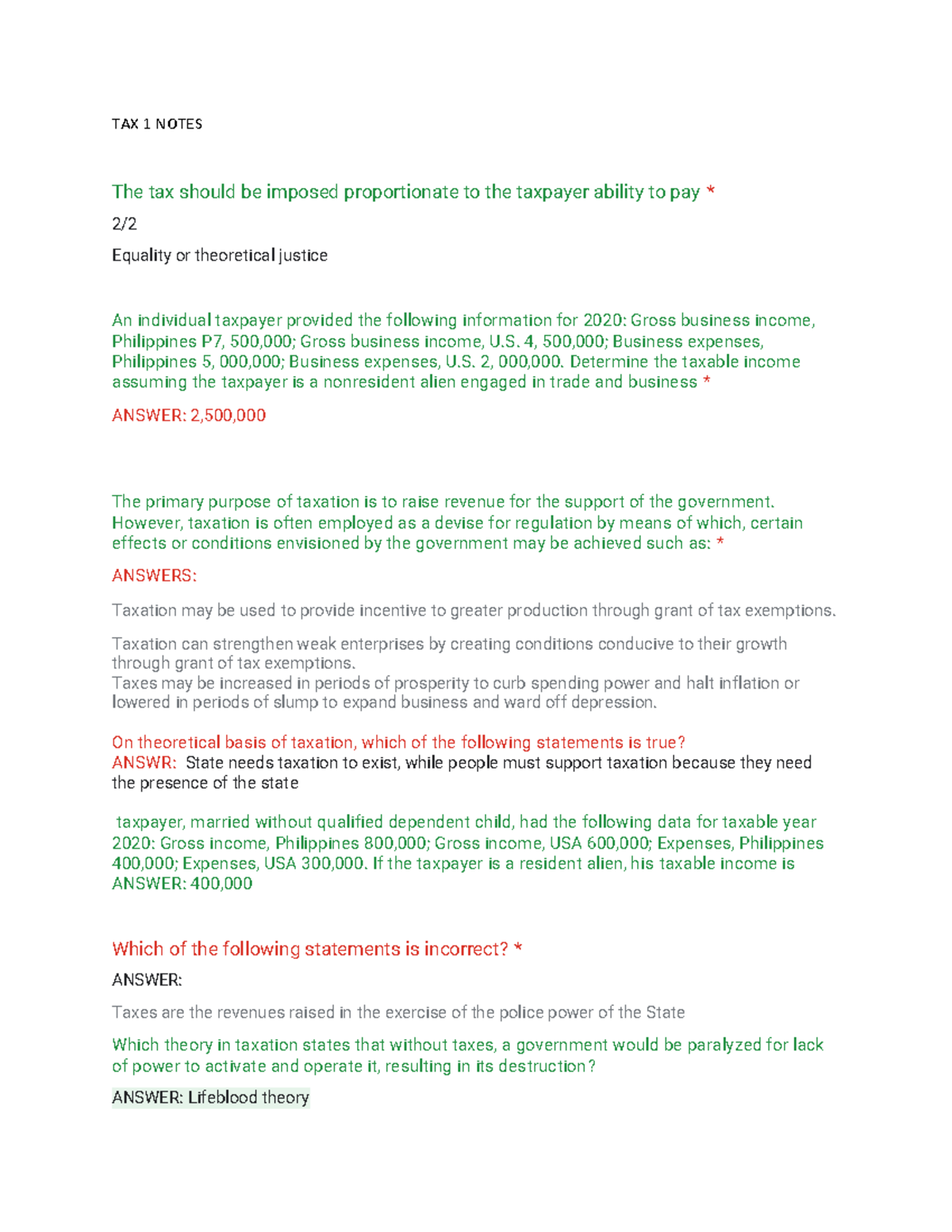 TAX1 Notes - Review materials in Tax Principles - TAX 1 NOTES The tax ...