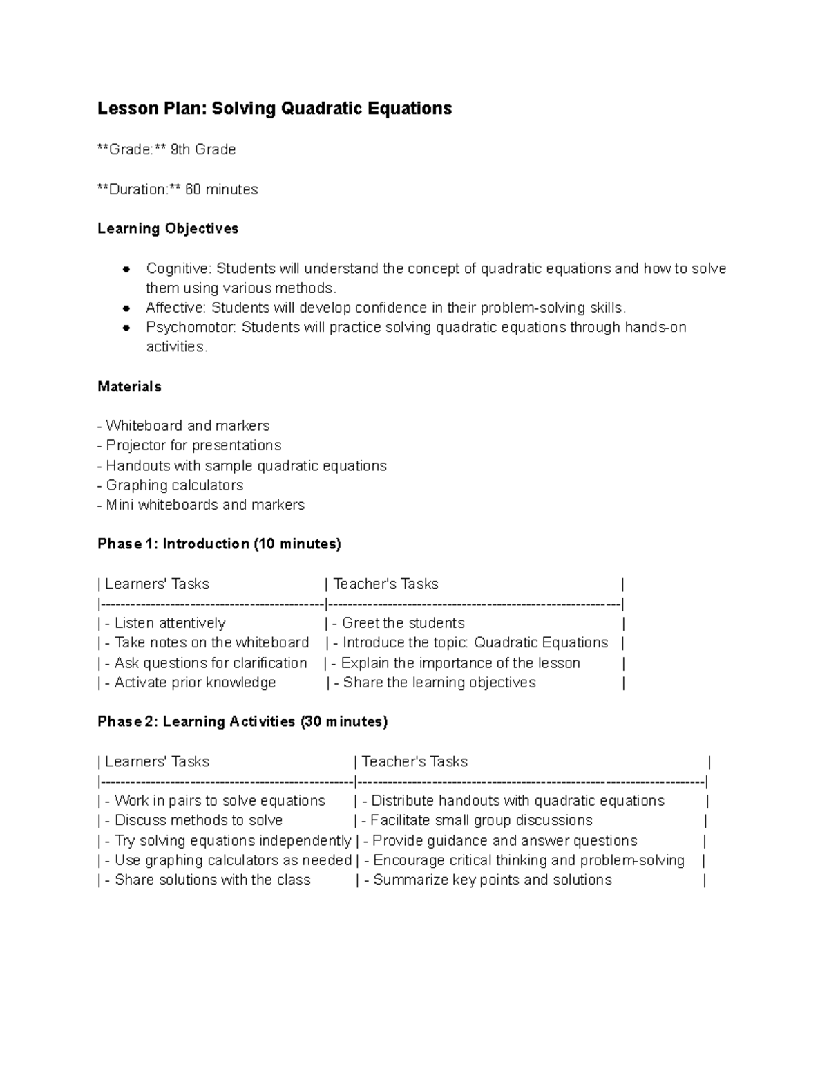 Lesson Plan Draft - cheat sheet - Lesson Plan: Solving Quadratic ...