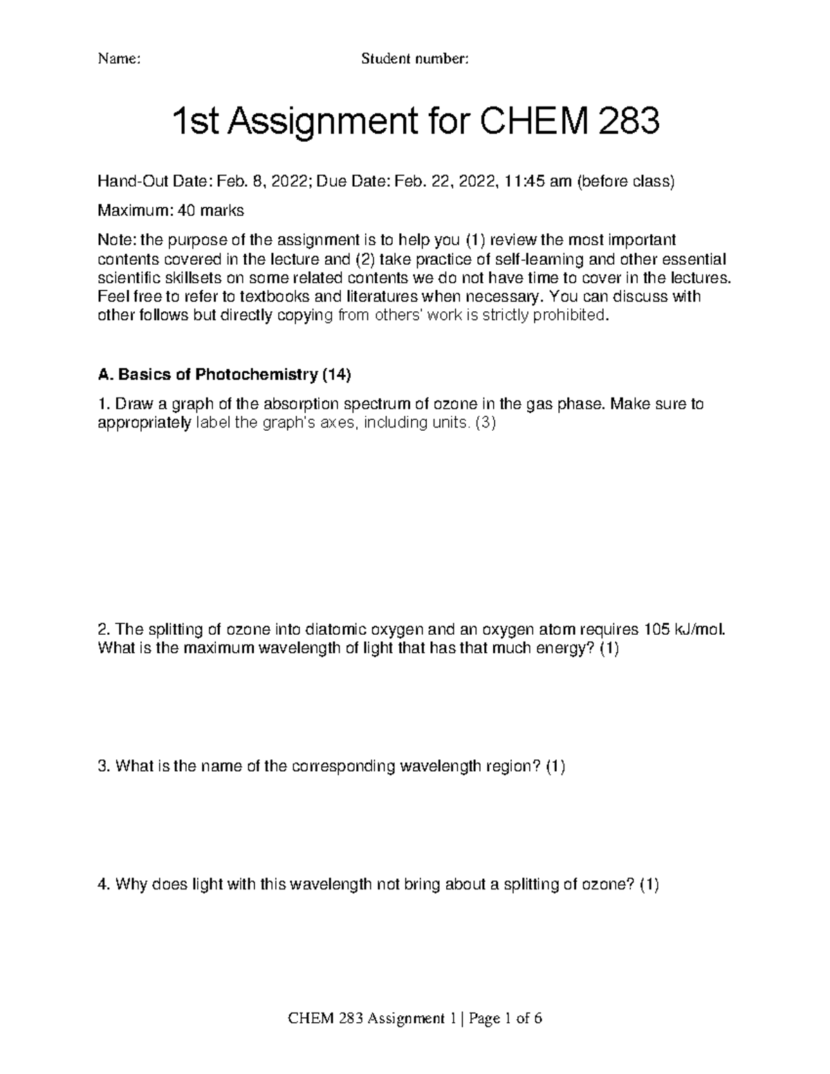 1st Assignment for CHEM 283 - Name: Student number: CHEM 283 Assignment ...