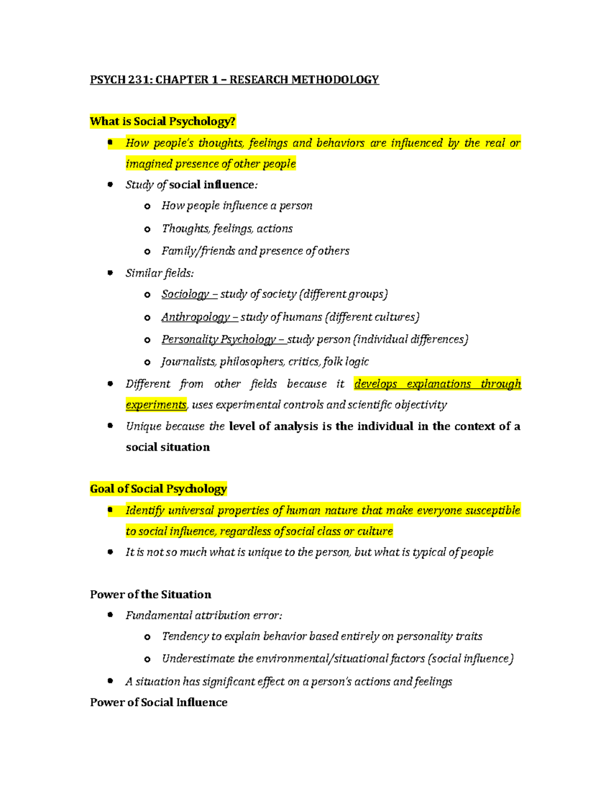 Psych 231 - CH 1 - Research Methodology - PSYCH 231: CHAPTER 1 RESEARCH ...