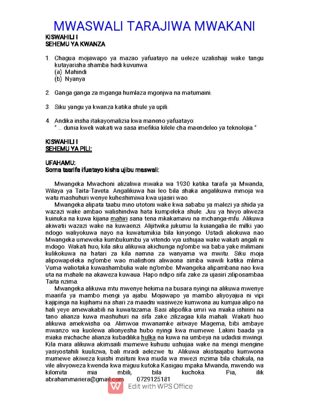 TOP Student Kiswahili Revision KIT maswali - KISWAHILI I SEHEMU YA ...