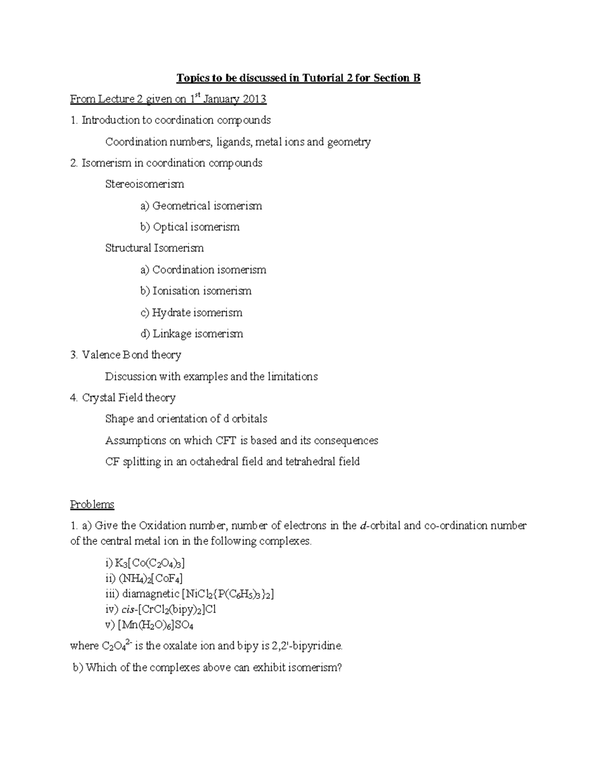 Tut2B - Practice tutorial and Quiz Exam - Topics to be discussed in ...