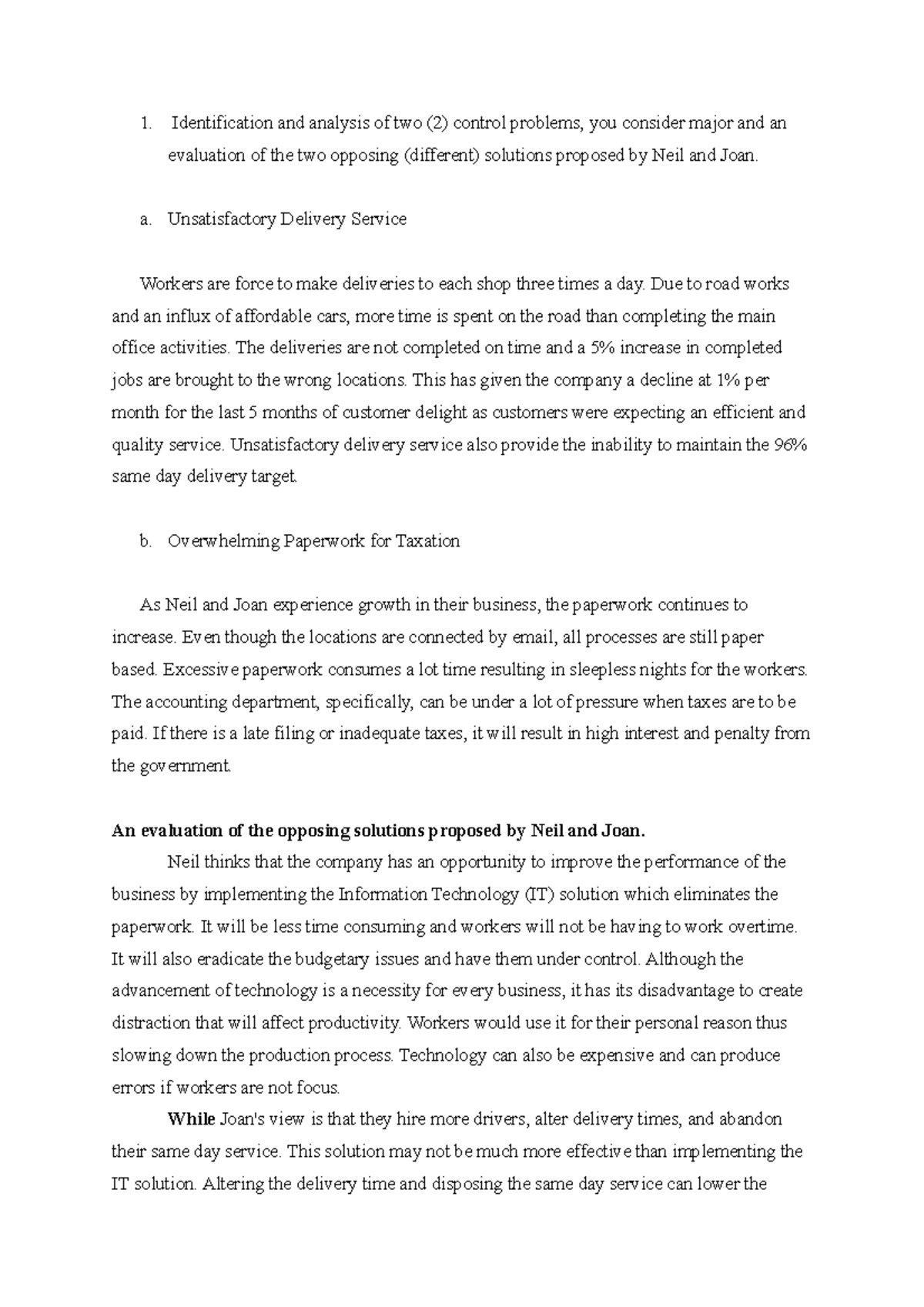 MGMT 1001 Assignment - Identification and analysis of two (2) control ...
