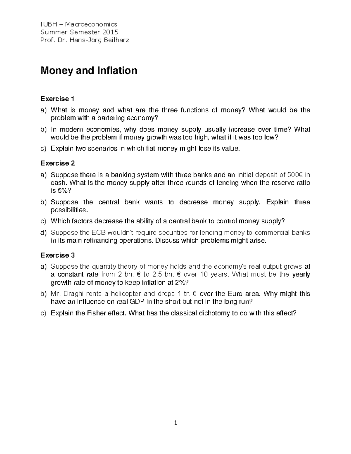 Exercises - Money and Inflation - IUBH – Macroeconomics Summer Semester ...