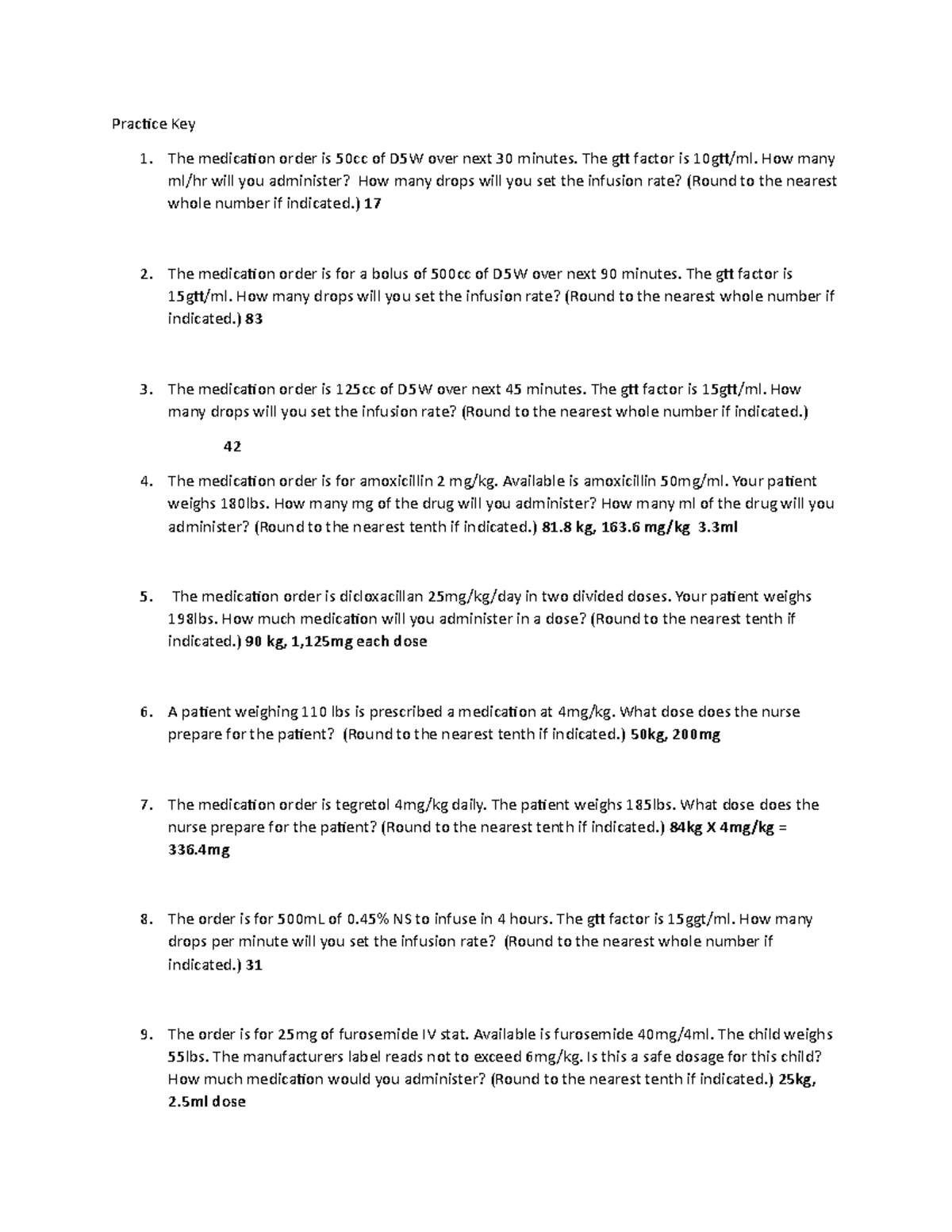 Practice Problems Math Key (1)(1) - Practice Key The medication order ...