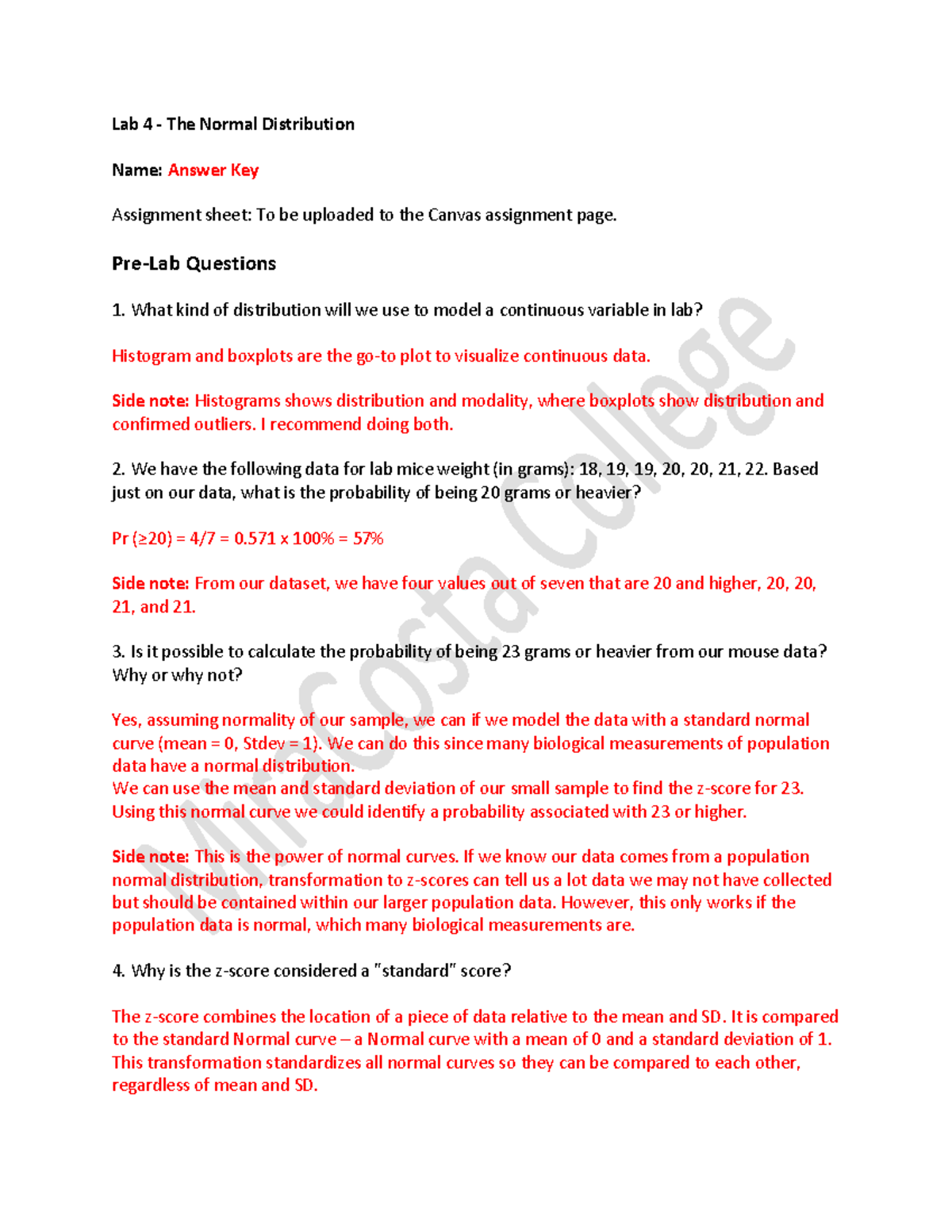 Lab 4 Answer Key F19 - AAAAAAAA - Lab 4 - The Normal Distribution Name: Answer Key Assignment ...