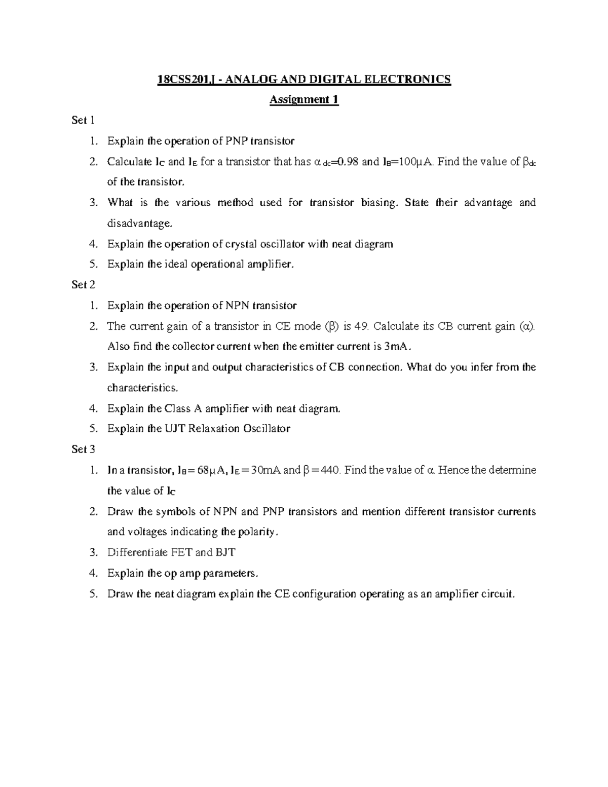 maths lectures 2nd year - 18CSS201J - ANALOG AND DIGITAL ELECTRONICS Assignment 1 Set 1 Explain ...