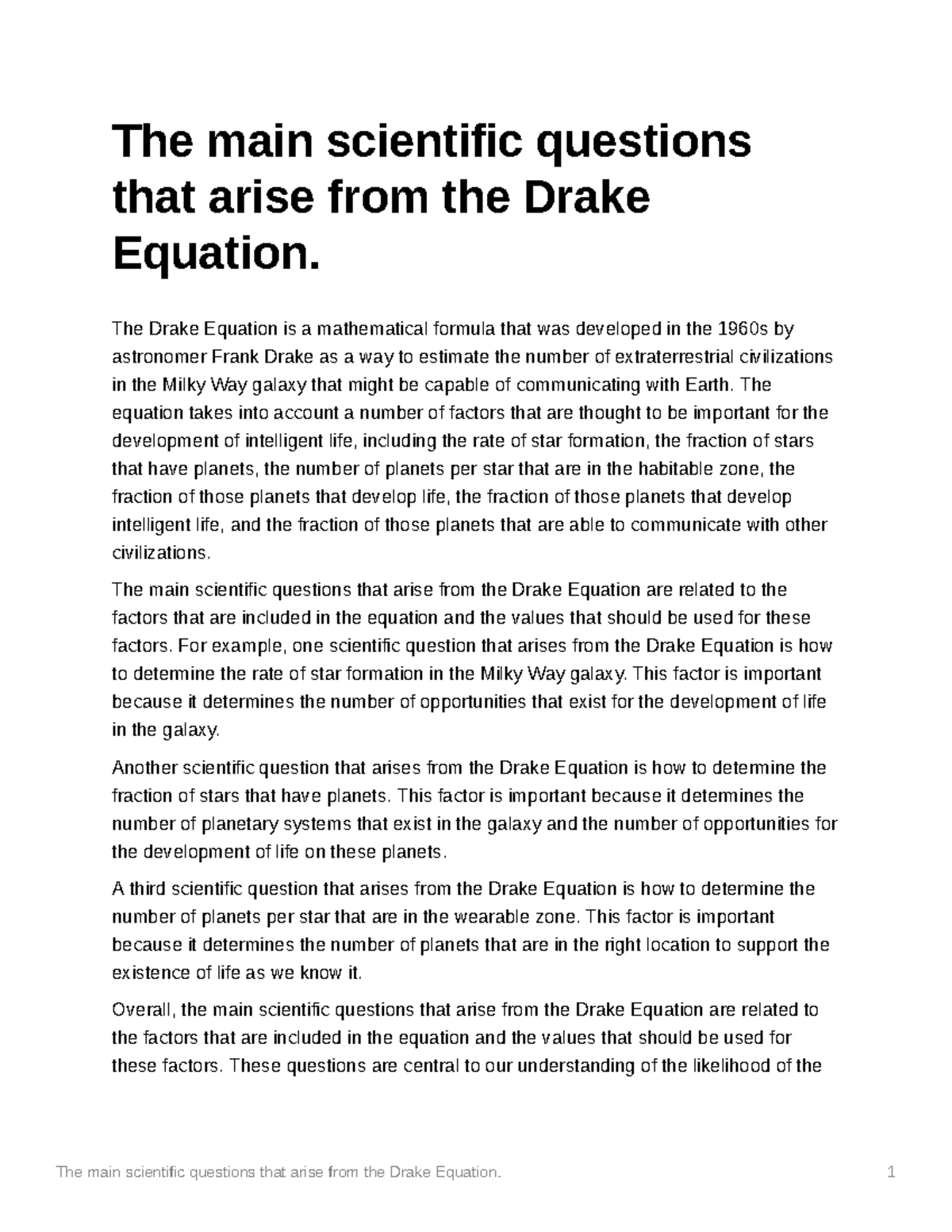 The main scientific questions that arise from the Drake Equation - 1 ...