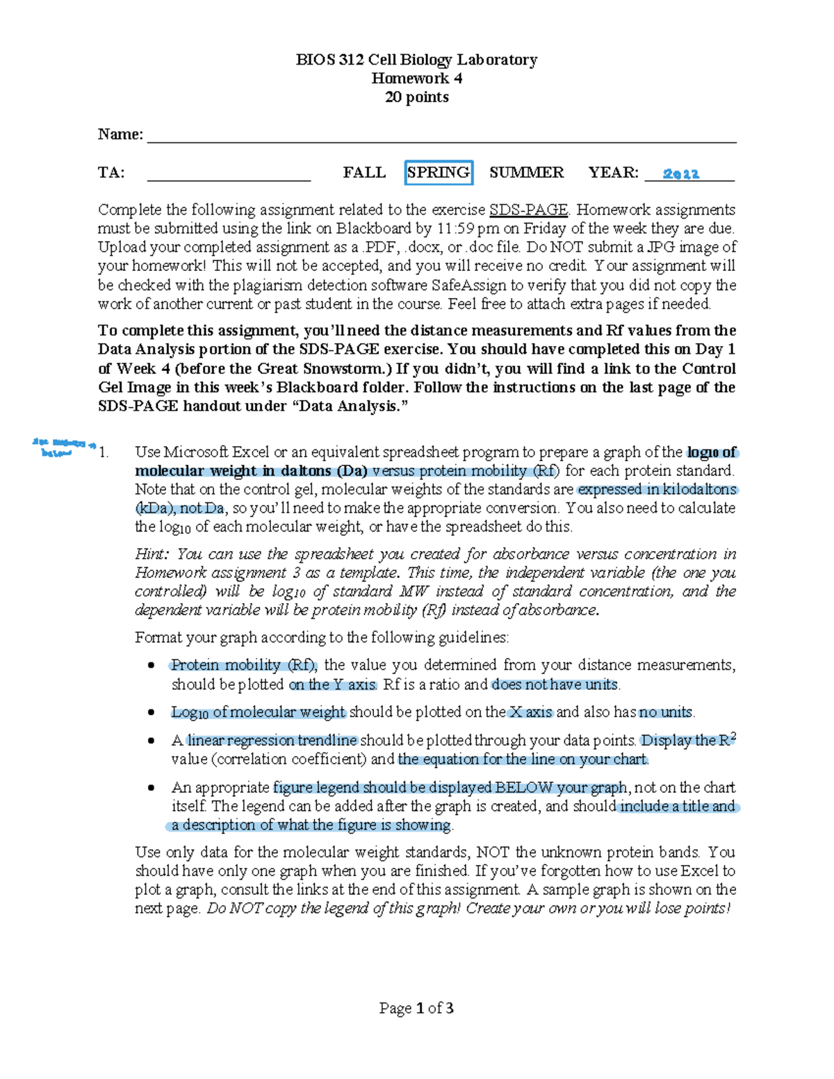 Homework 4 Cell Bio Lab - bio - BIOS 312 Cell Biology Laboratory ...