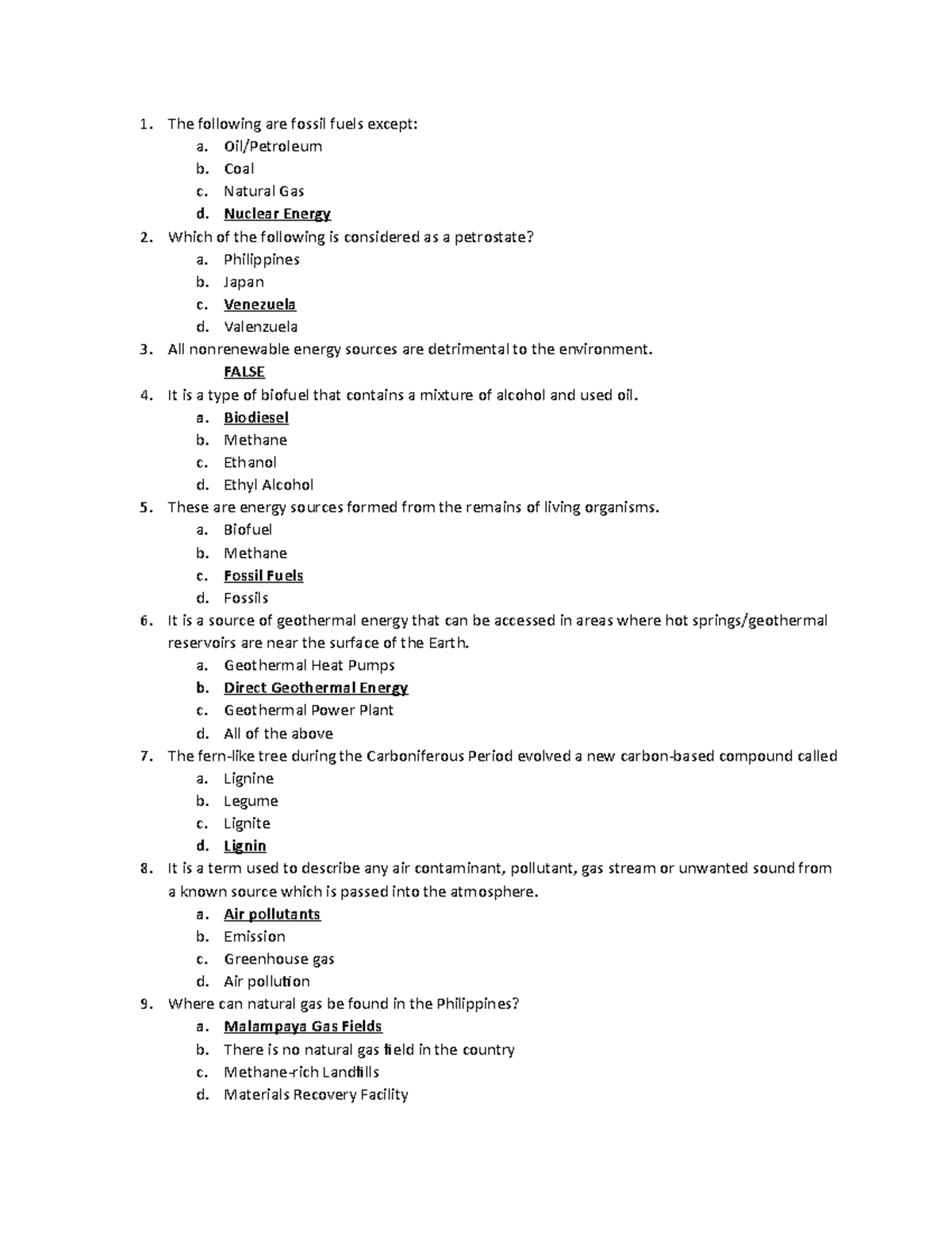 Sample-Questions - environmental science - The following are fossil ...