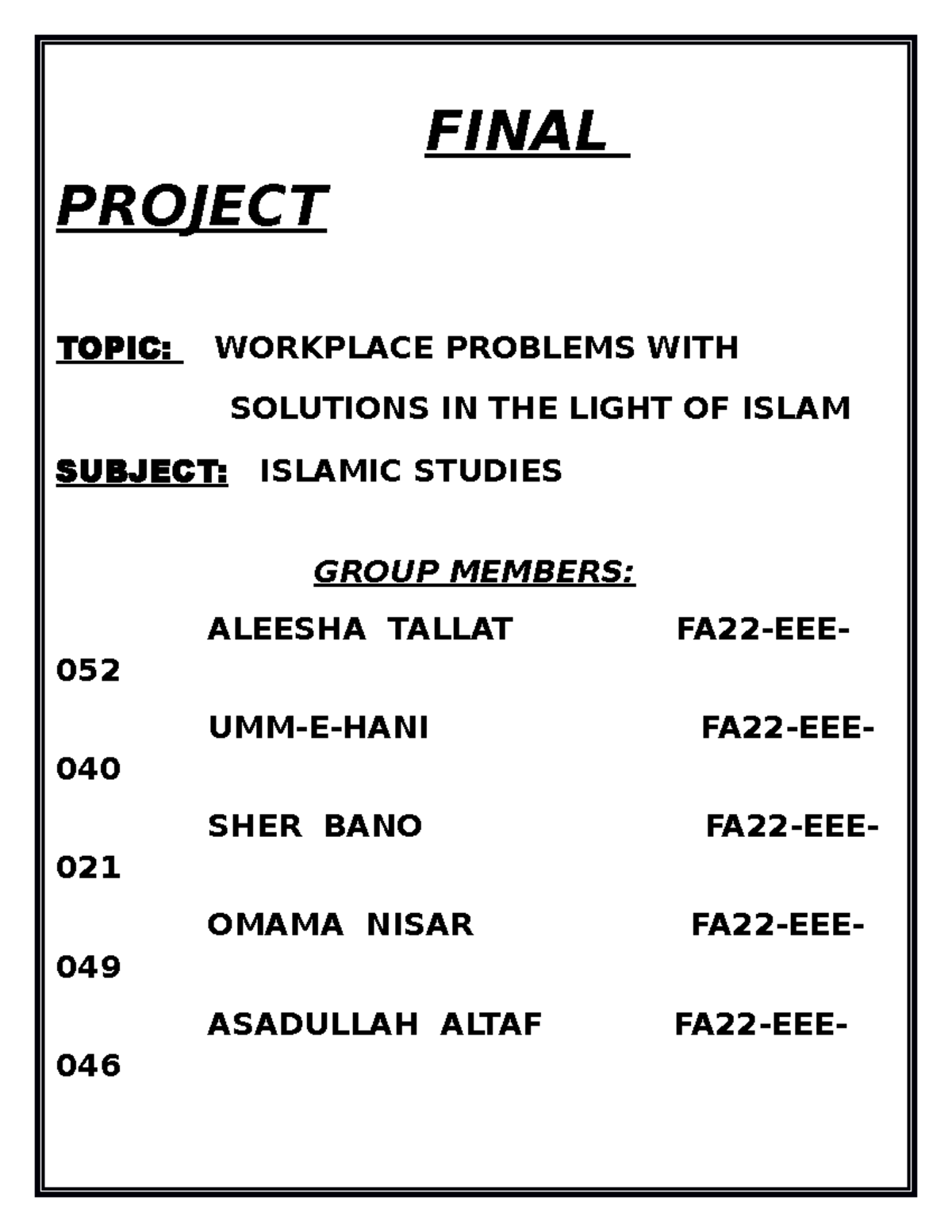 Hybrid Final Project 1 - FINAL PROJECT TOPIC: WORKPLACE PROBLEMS WITH ...