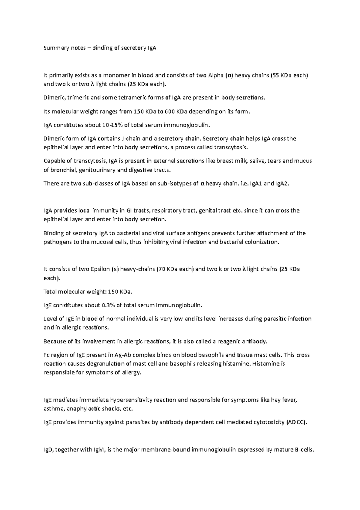 Summary notes – Binding of secretory Ig A - Dimeric, trimeric and some ...