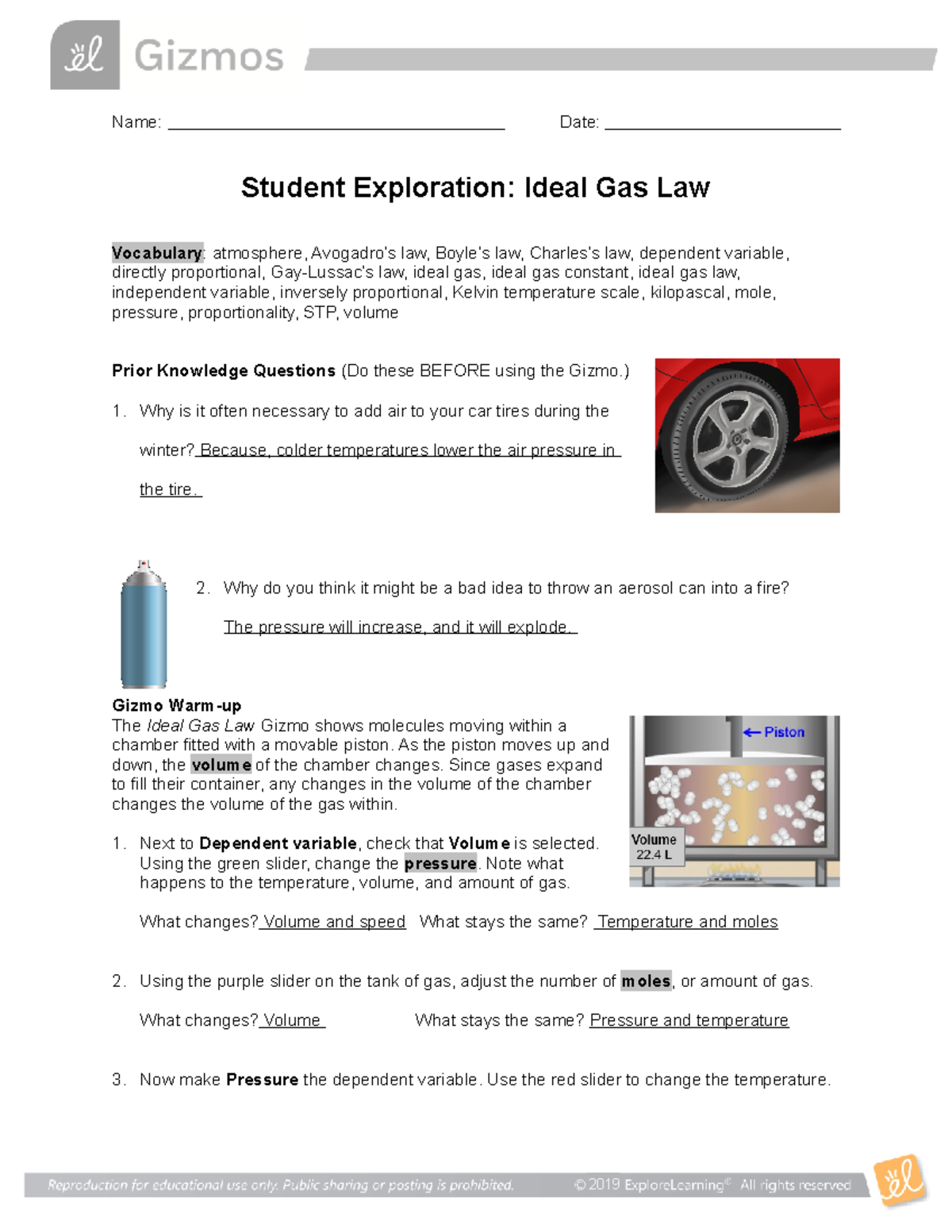Ideal Gas Law SE - Name: Date: Student Exploration: Ideal Gas Law ...