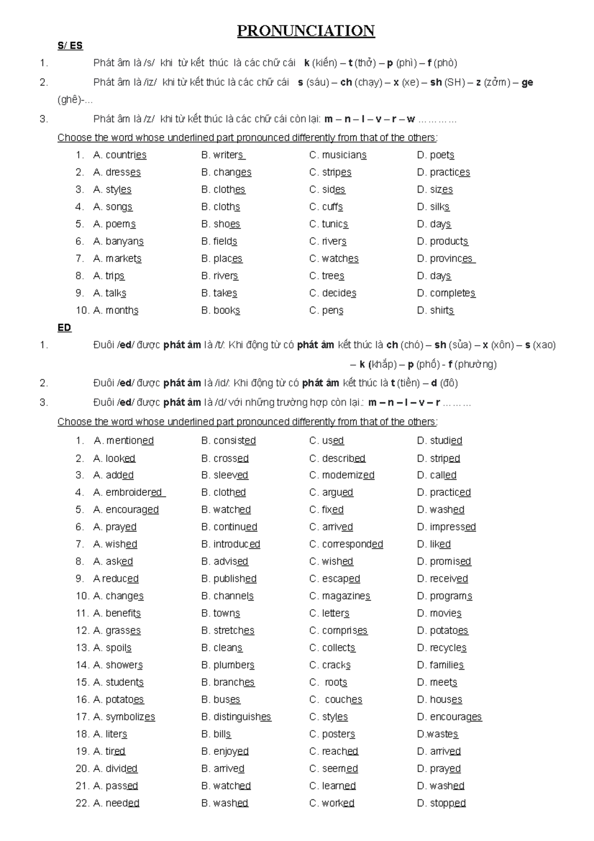 Pronunciation ed s es - English - PRONUNCIATION S/ ES Phát âm là /s ...