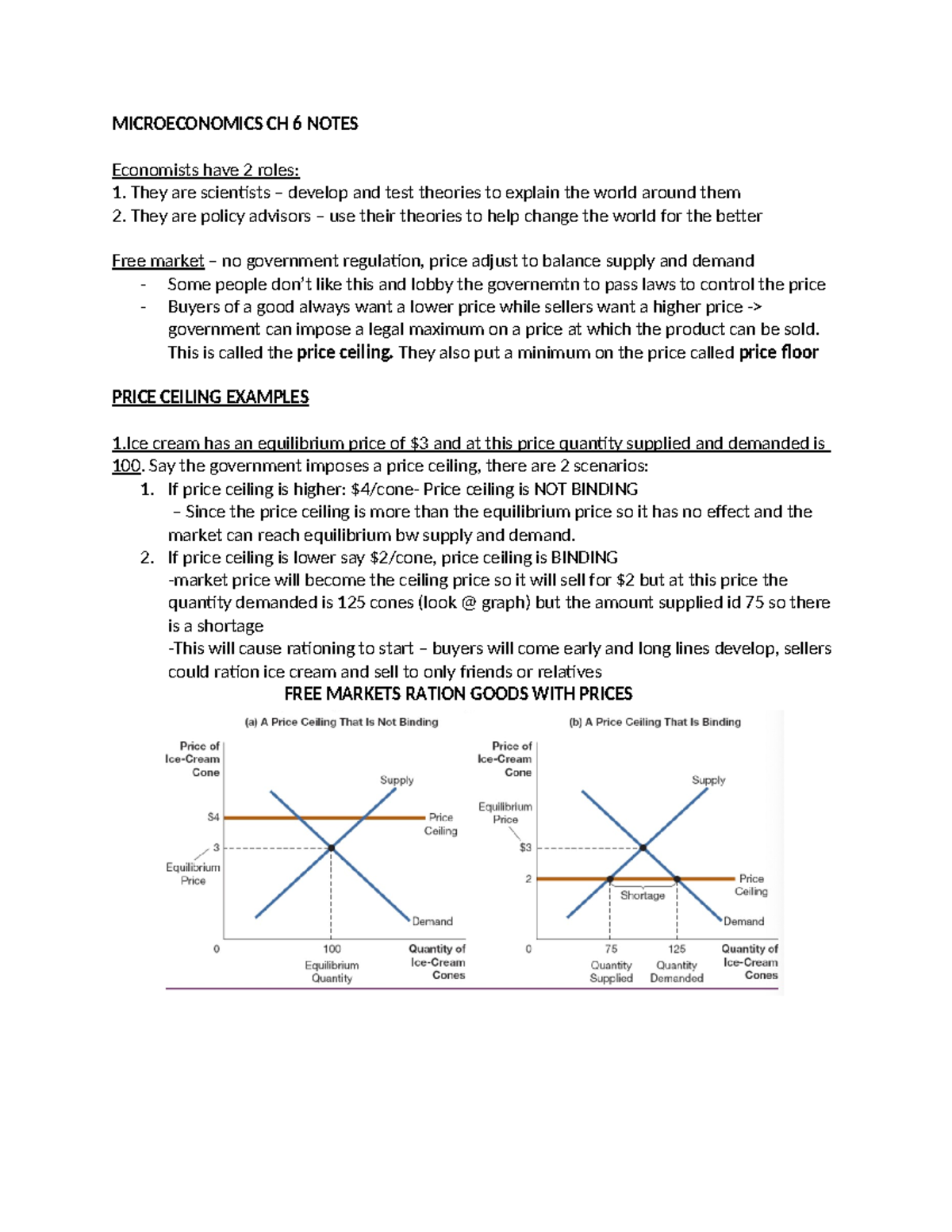 Econ ch 6 notes - MICROECONOMICS CH 6 NOTES Economists have 2 roles ...