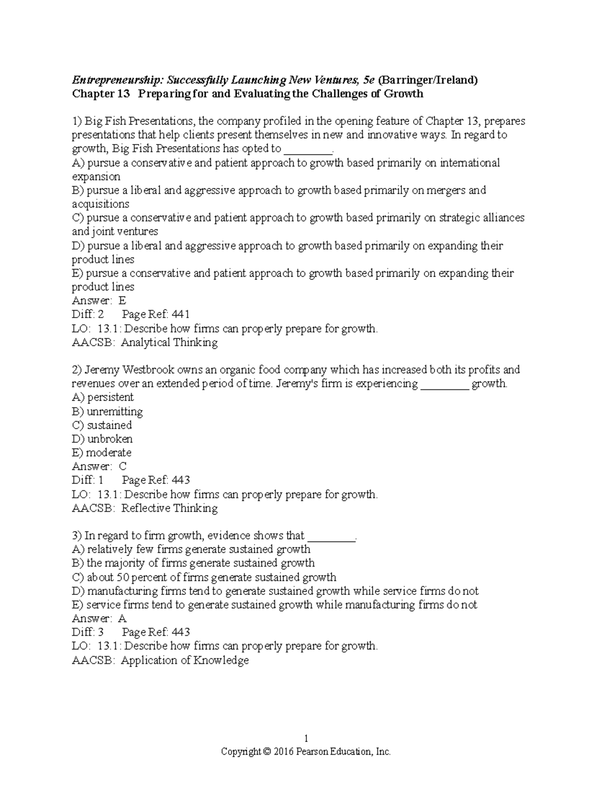 Barringer entrepreneurship 2p91 test-bank chapter 13 - Entrepreneurship ...