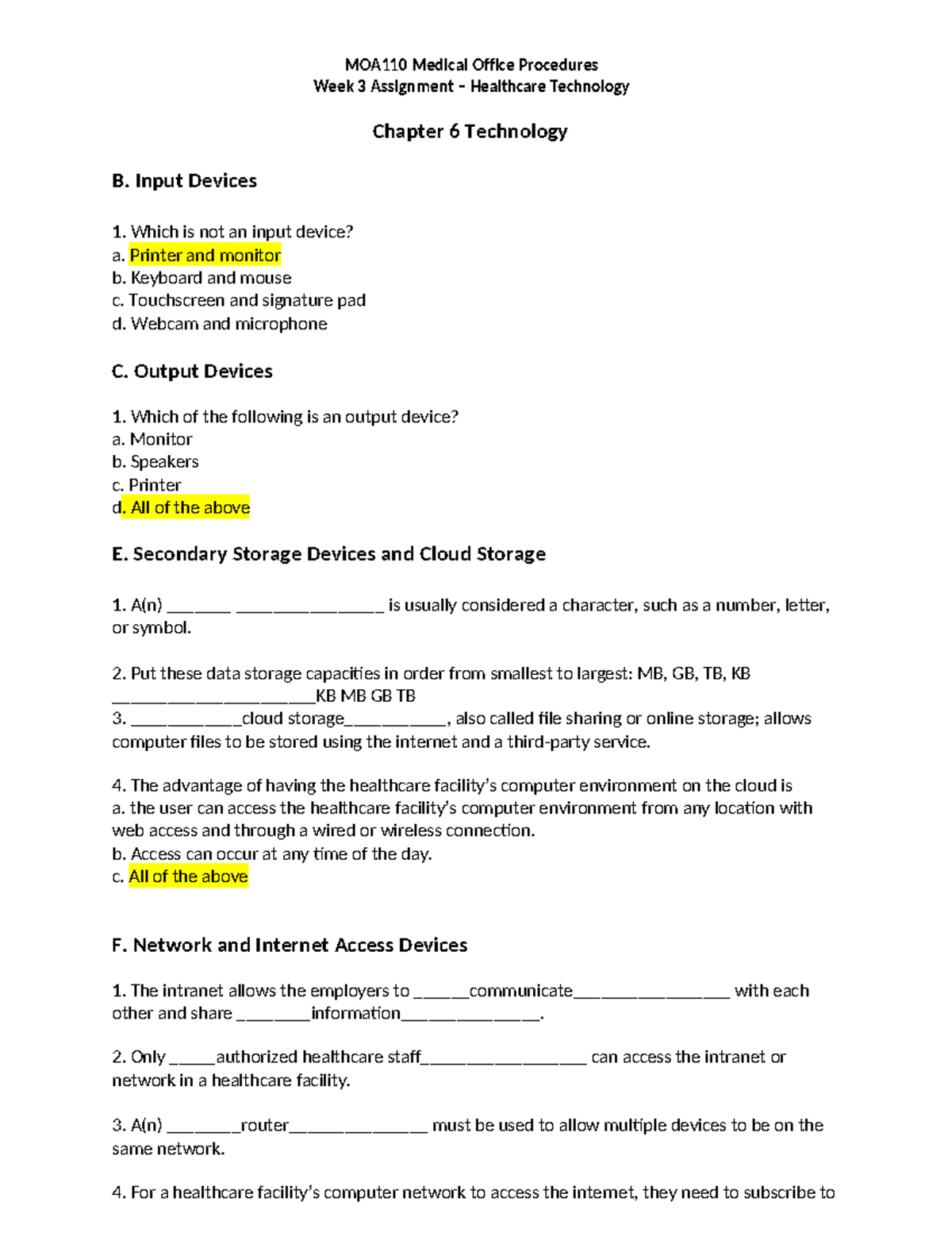 Week 3 Assignment Worksheet 15e - Week 3 Assignment – Healthcare Technology Chapter 6 Technology ...