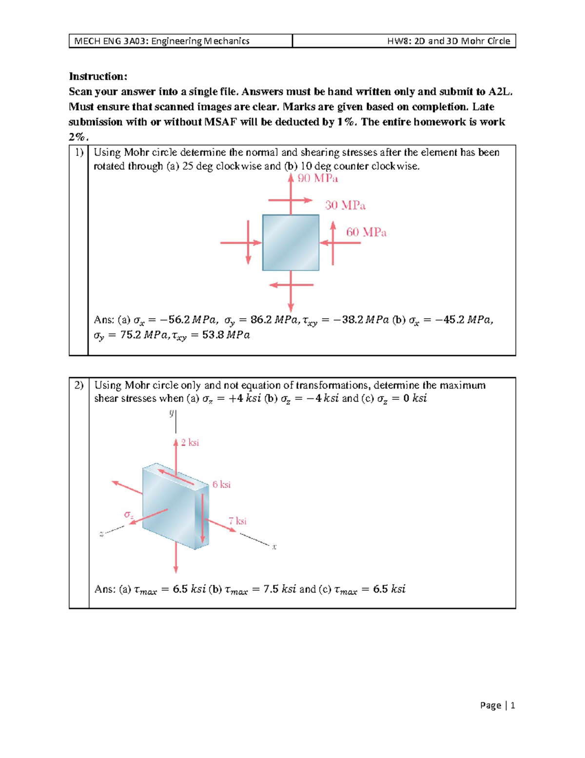 HW08 2D 3D Mohr Circle - homework - MECH ENG 3A03: Engineering ...