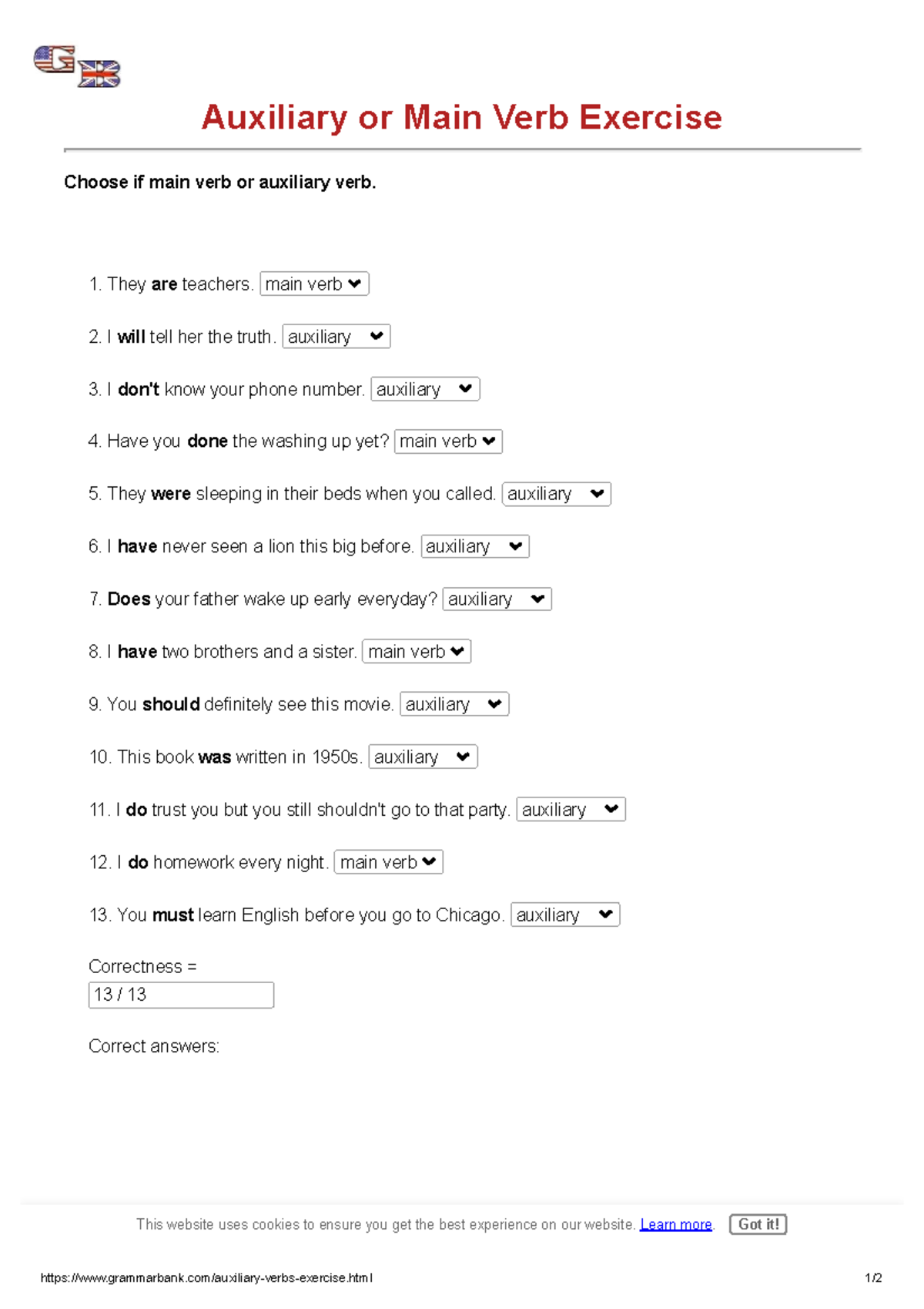 Auxiliary Verb or Main Verb Exercise - grammarbank/auxiliary-verbs ...