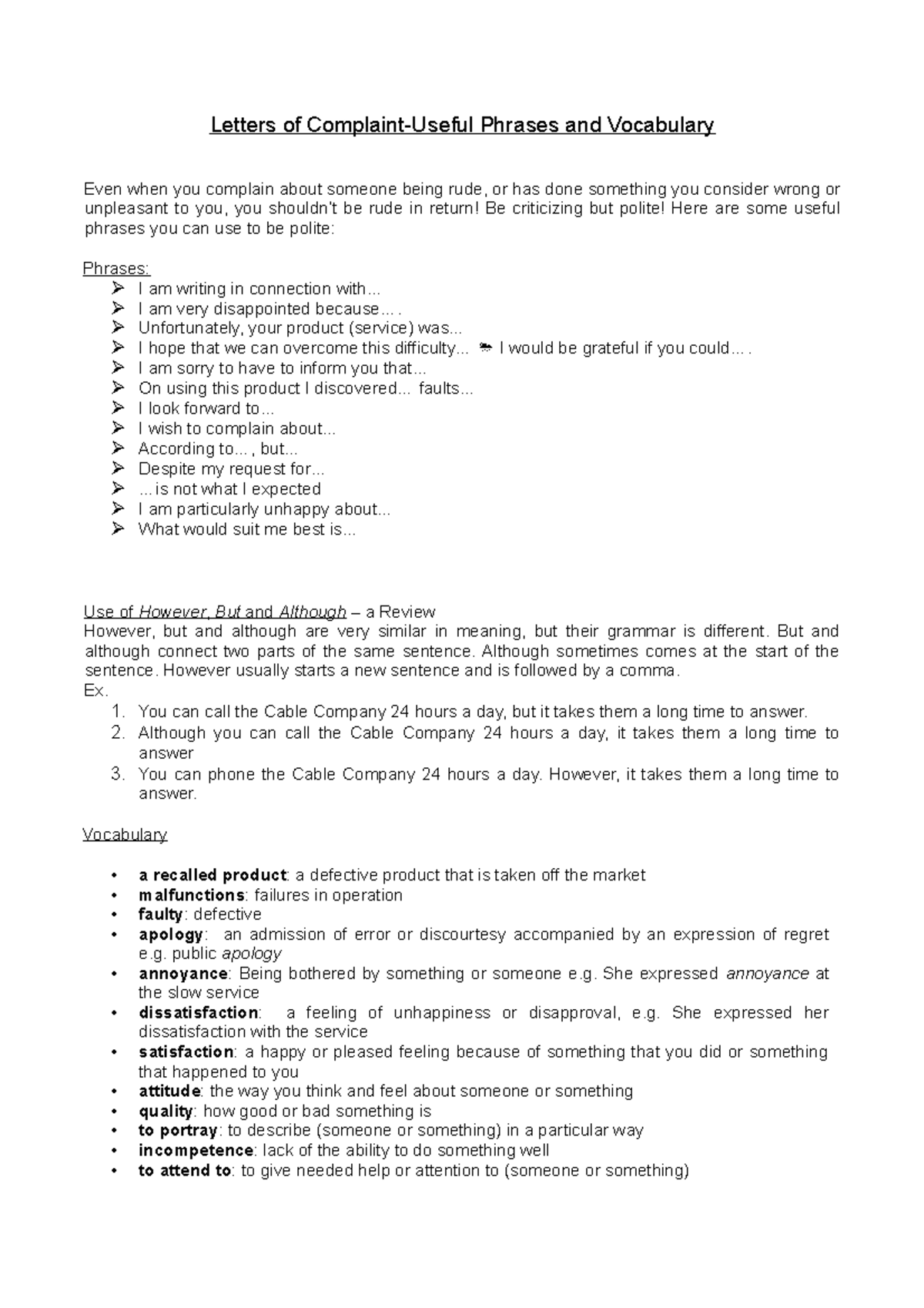 VOCABULARY Letters of Complaint - Letters of Complaint - Useful Phrases ...