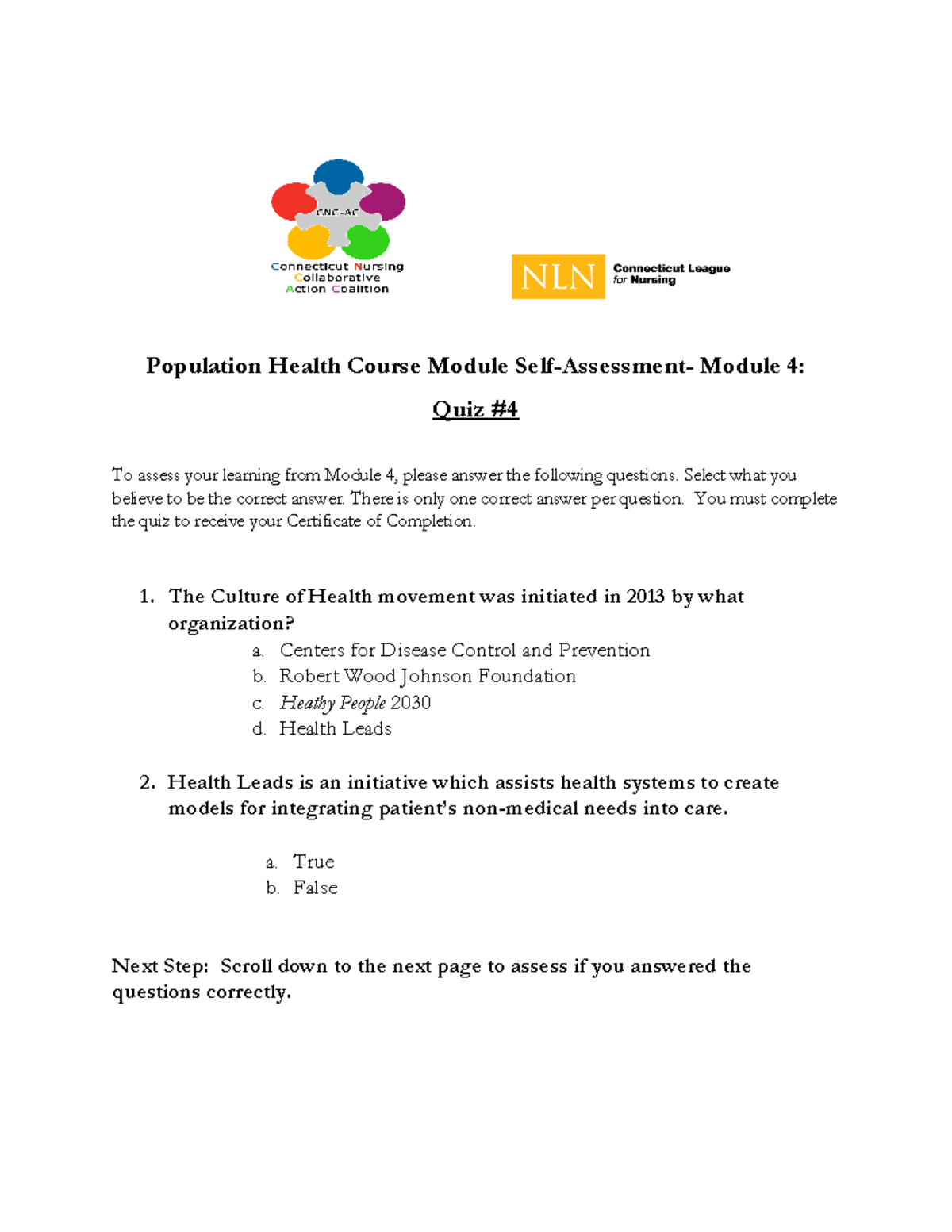 Population Health Course Module 4 Self-QUIZ Answers COC - Population ...
