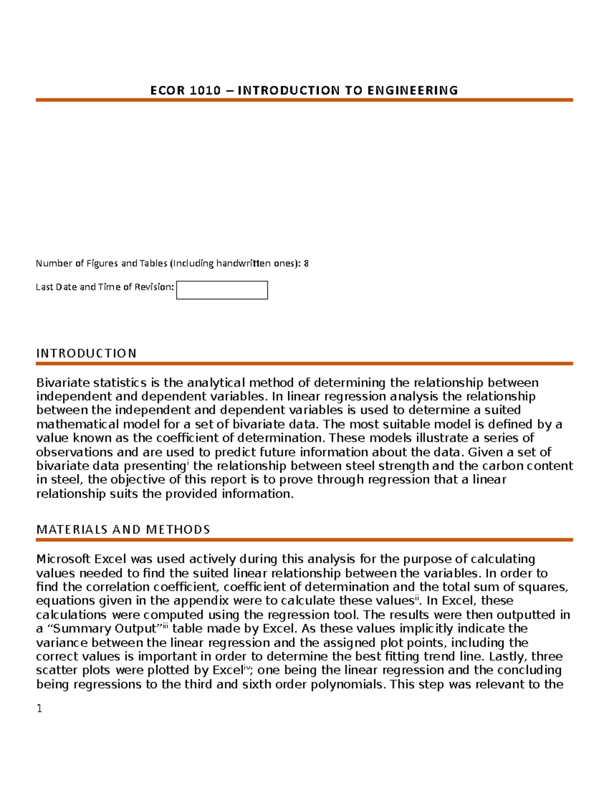 Lab 6 - lab 6 - ECOR 1010 – INTRODUCTION TO ENGINEERING Number of Figures and Tables (Including ...