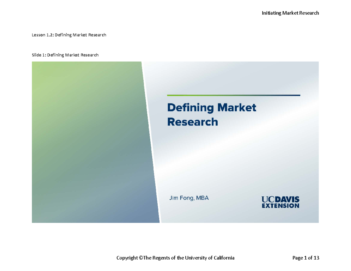 2 Defining-Market-Research - Lesson 1: Defining Market Research Slide 1 ...