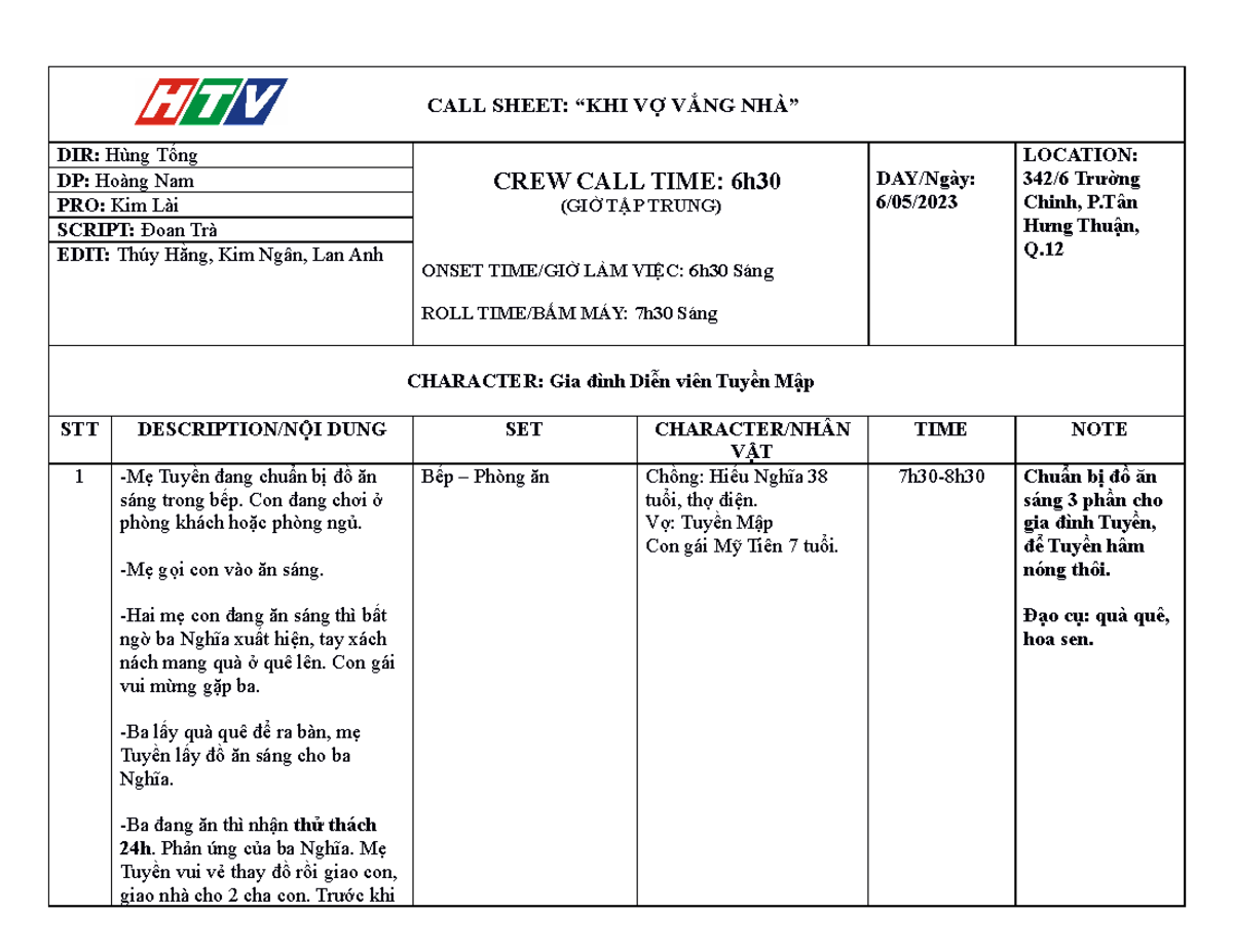 CALL- Sheet GĐ-Diễn-viên-Tuyền-Mập 6-5-2023 - CALL SHEET: “KHI VỢ VẮNG NHÀ” DIR: Hùng Tống CREW ...